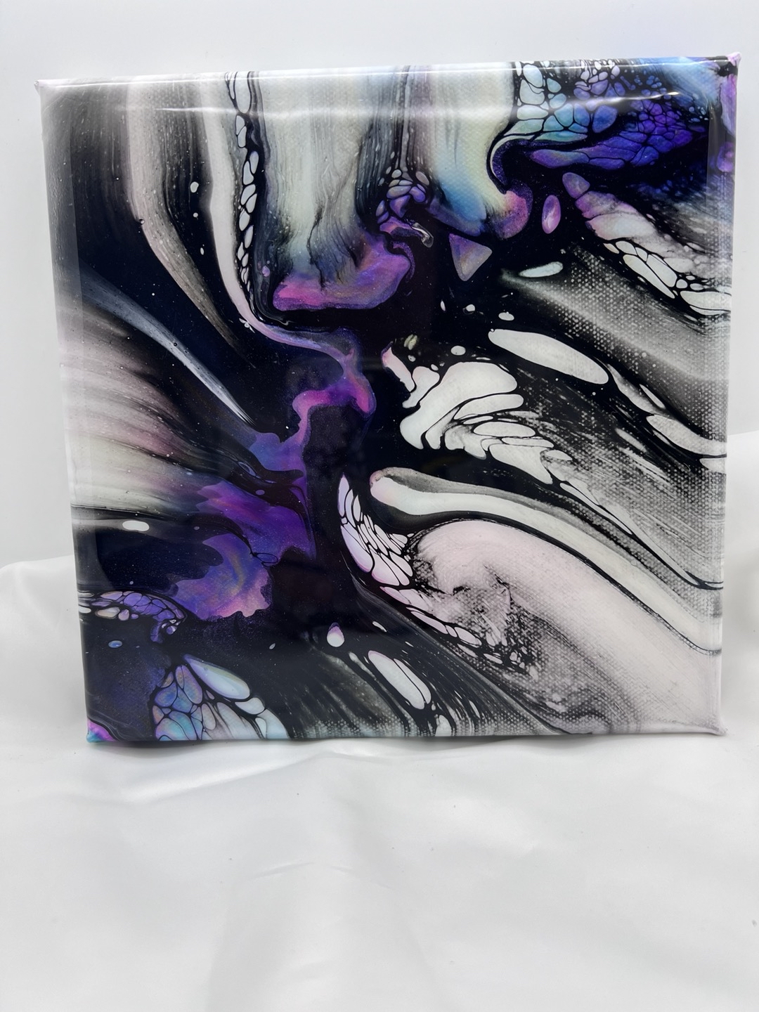 8" Acrylic Pour Painting on Stretched Canvas in Purple Peacock Colors ...
