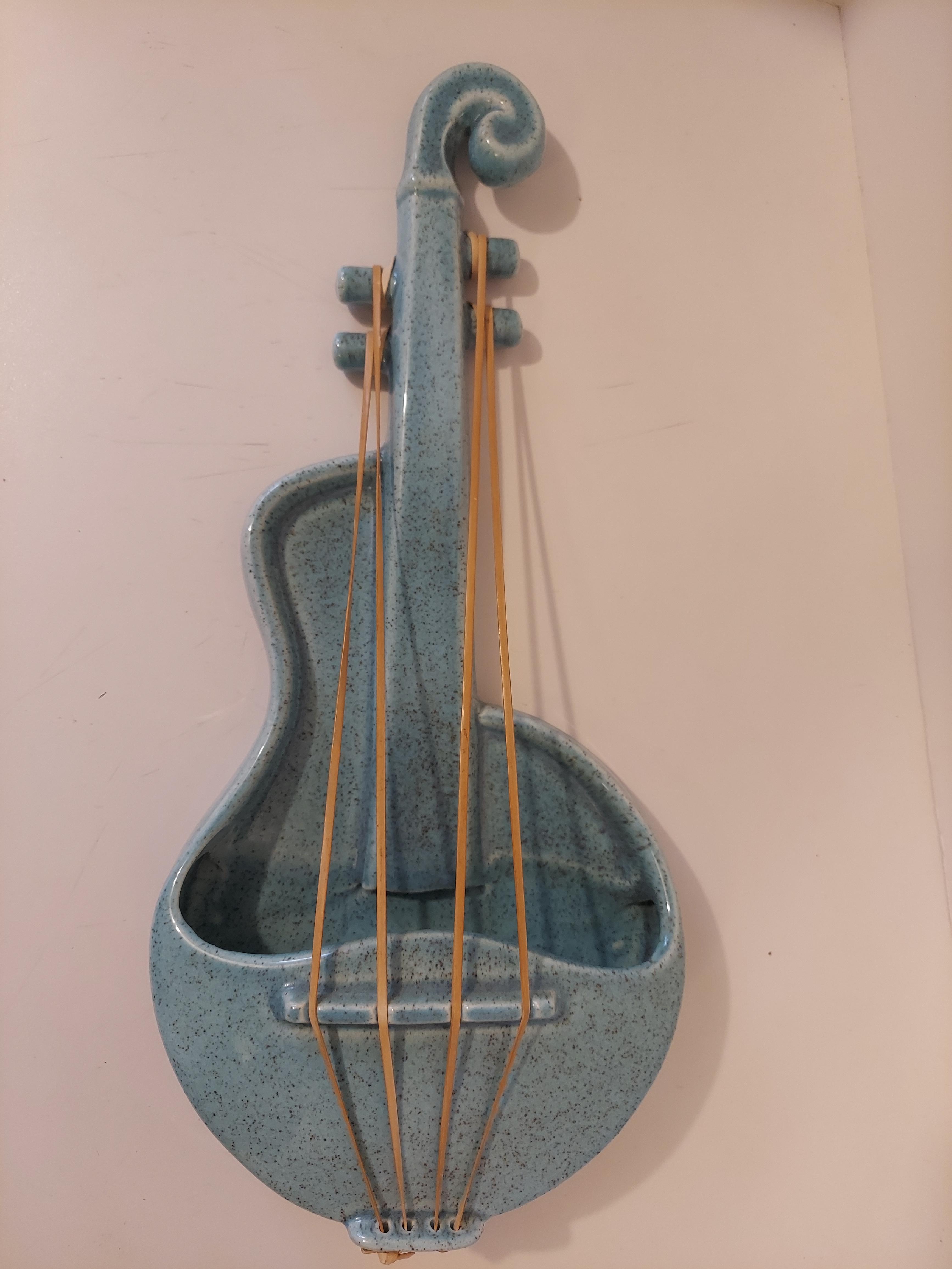 Vintage Red Wing Pottery Blue Violin Wall Pocket