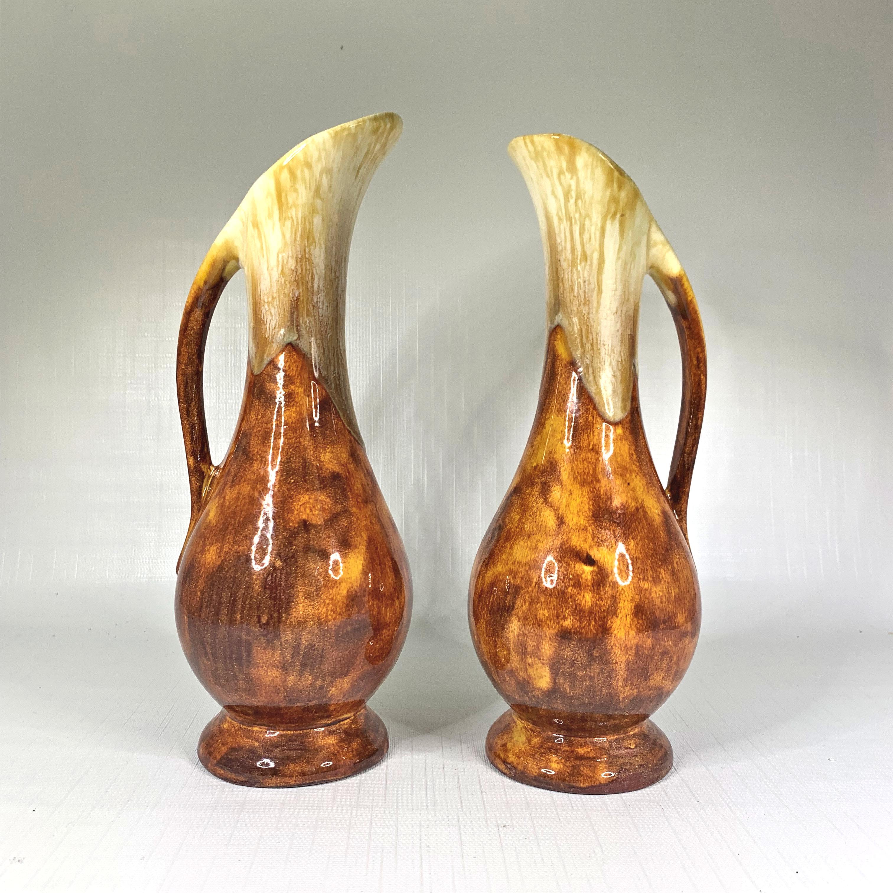 Drip Glaze Pottery Pitcher Vase Ewer Orange Gold PAIR Mid Century ...
