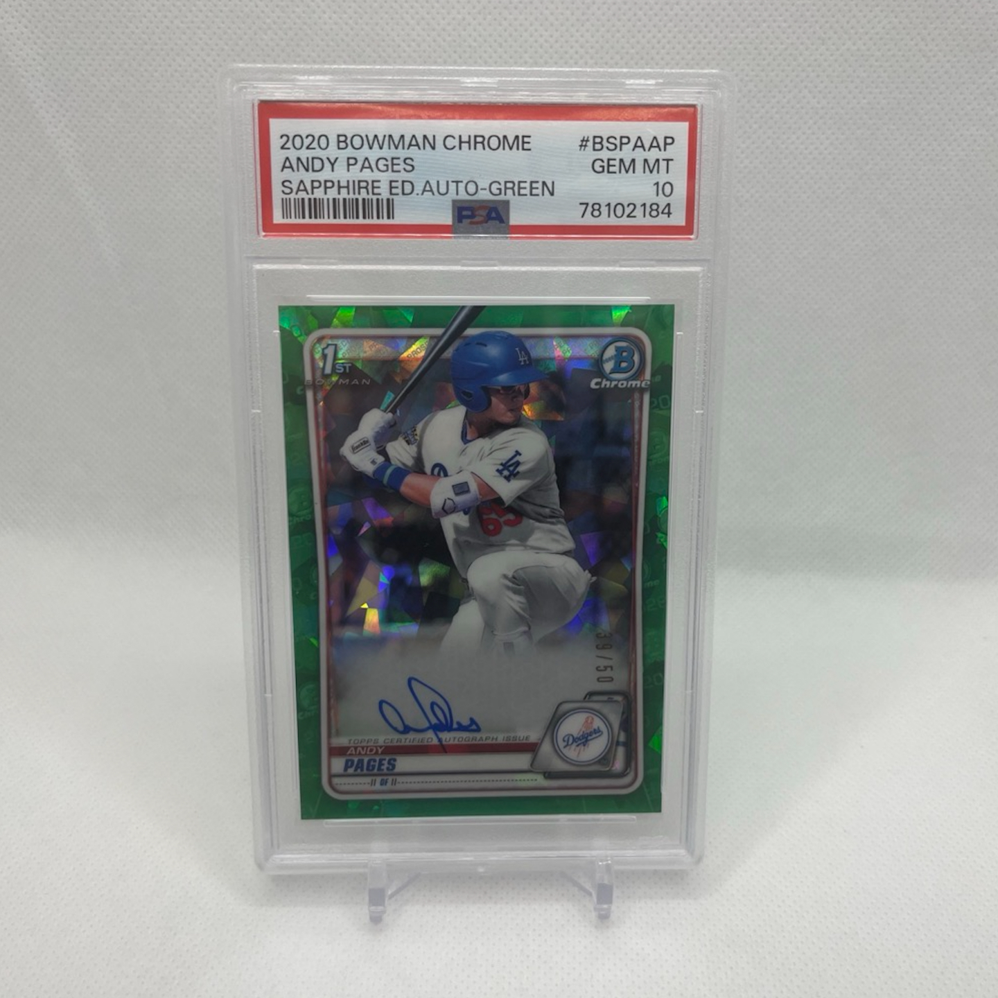 Andy Pages 1st Bowman Sapphire Green #/50 Auto PSA 10 - Los Angeles Dodgers