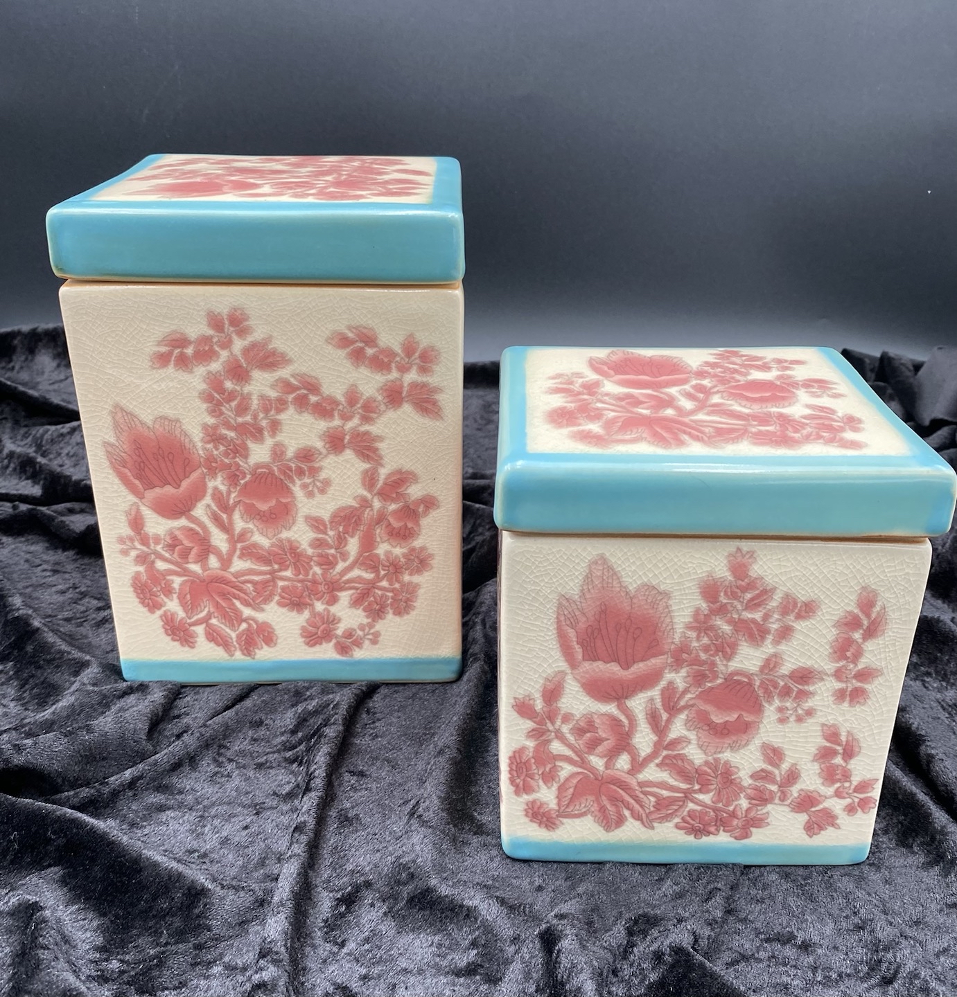 Pair-Vtg. Pier 1 Ceramic Canisters w/Lids, Crackle Glaze, Rose Floral ...