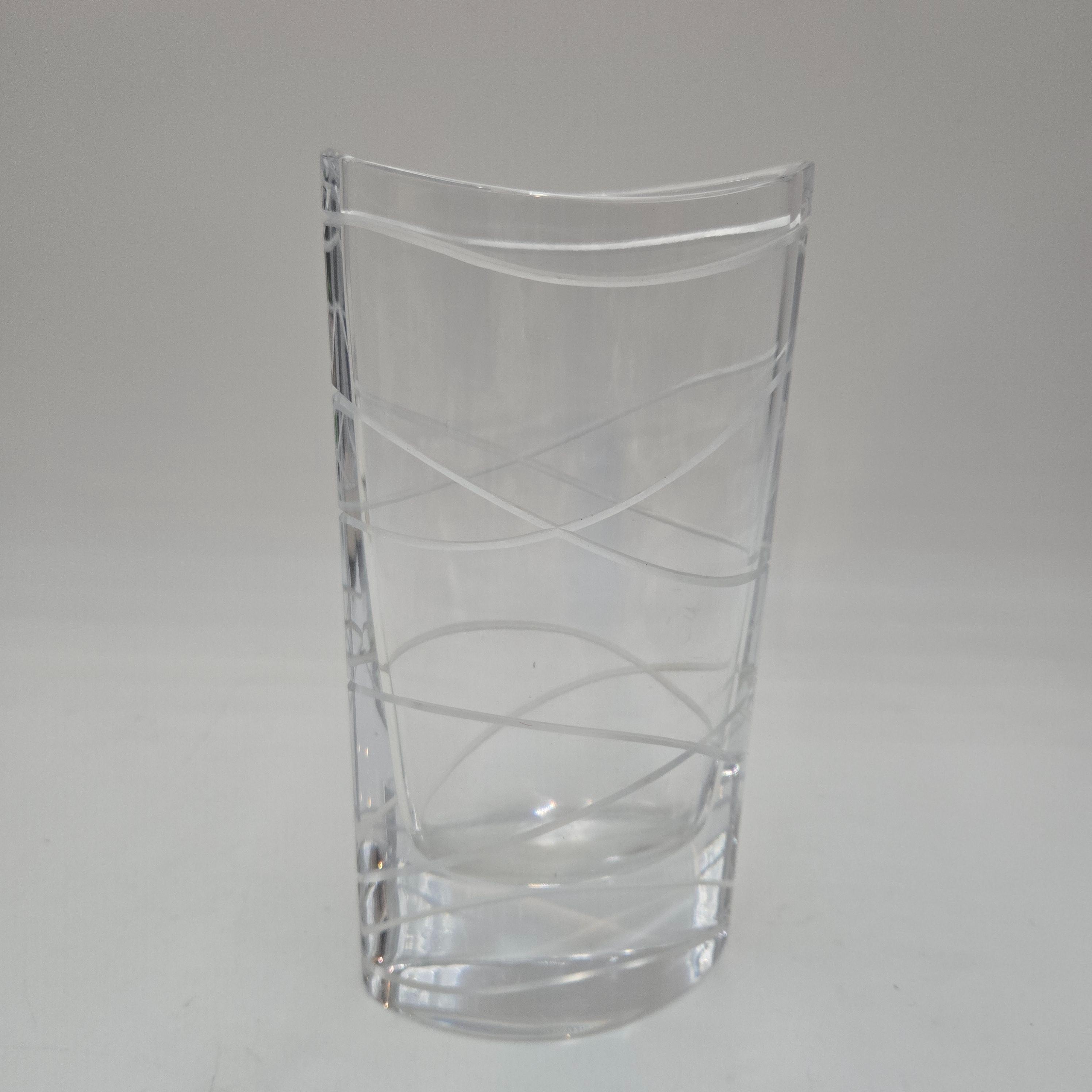 Nambe Crystal Clear Glass Vase Oval Swirl Etched Lines Modern Design 8 ...