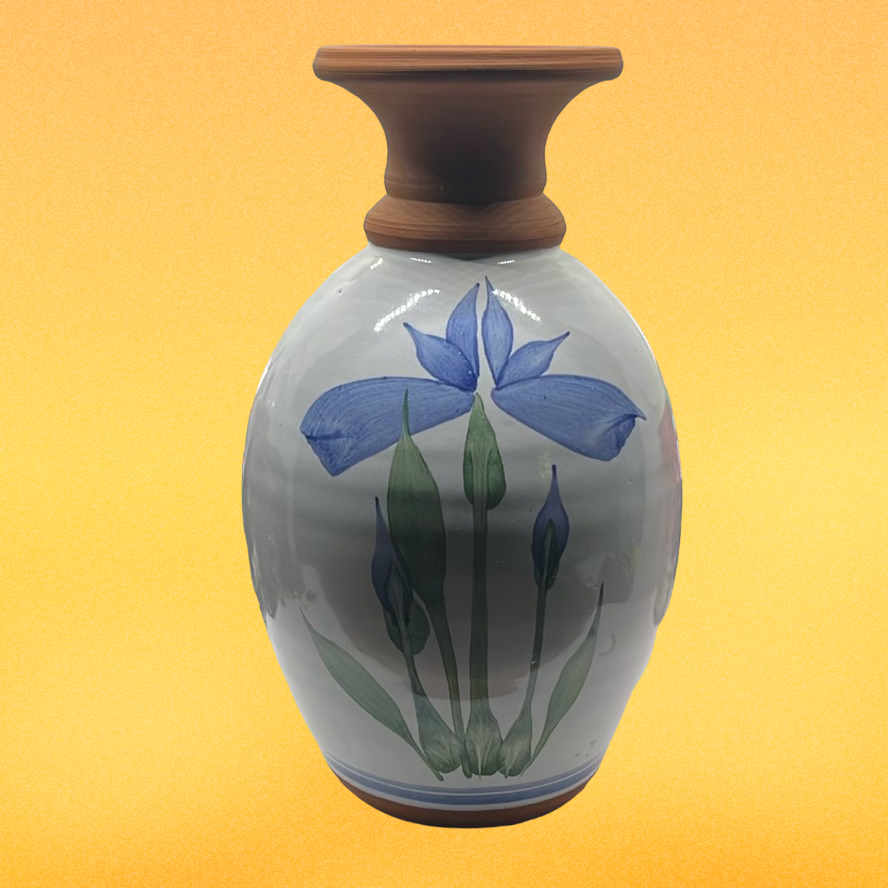 23. Vintage Redware Pottery Vase Made In Virginia Blue Orchids