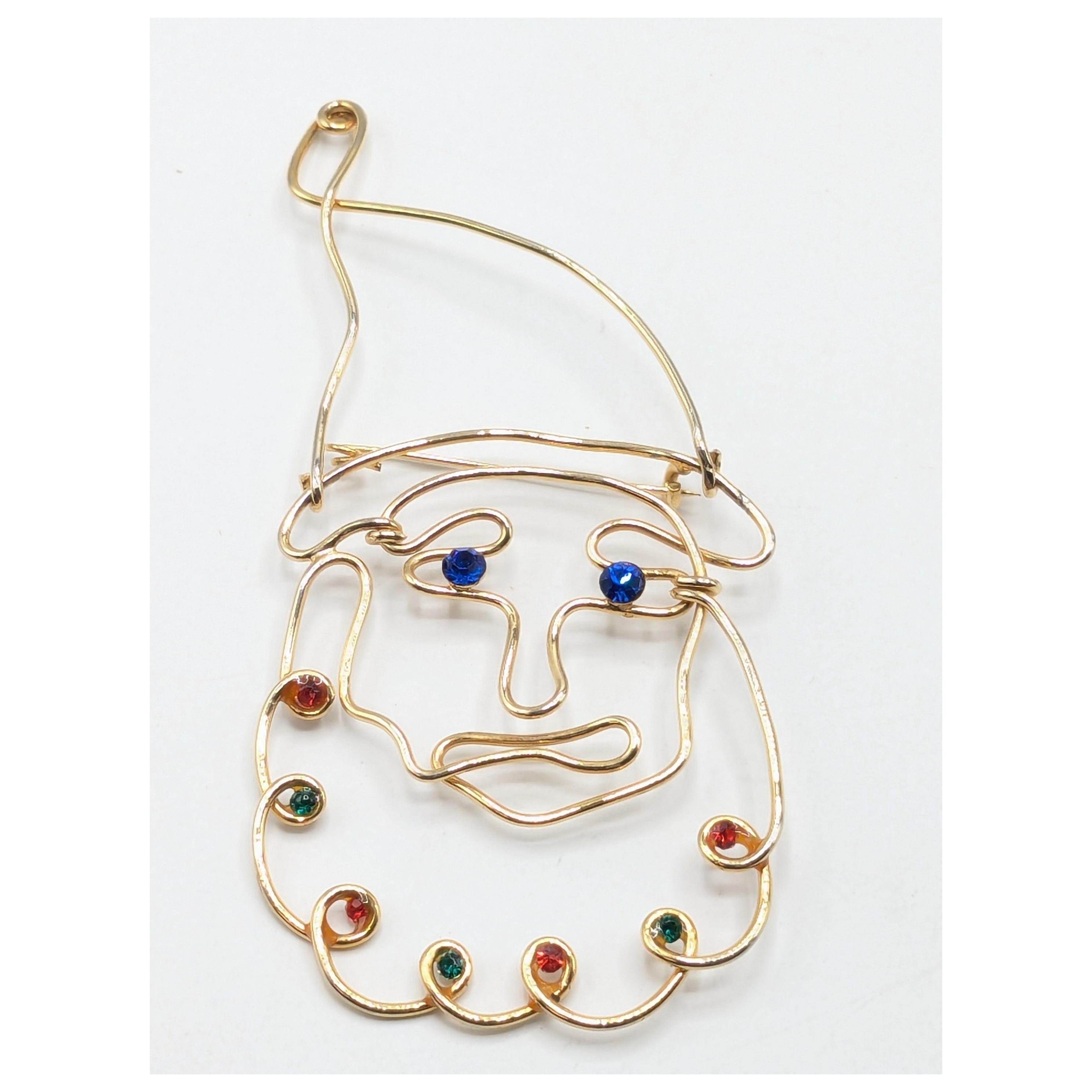 Santa Gold Tone Wired Brooch Pendant Colorful Gems Holiday Jewelry