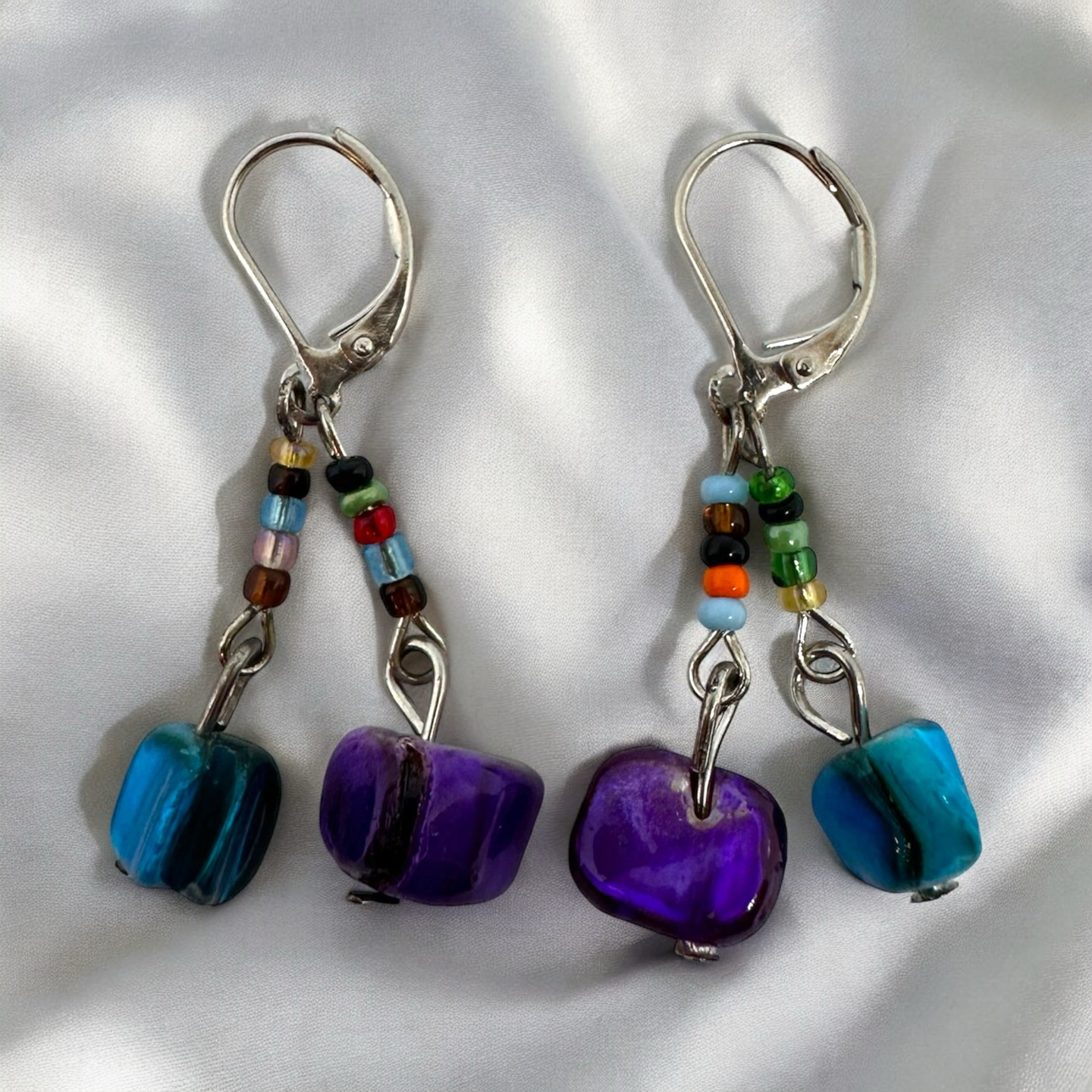 009. Blue And Purple Shell Beaded Earrings. Pierced, Dangle