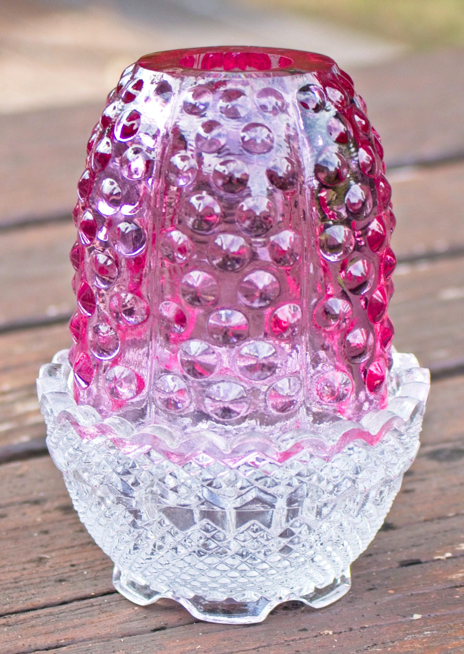 Fenton Pink Hobnail Fairy Lamp with Clear Diamond Glass Base 4.5" Tall
