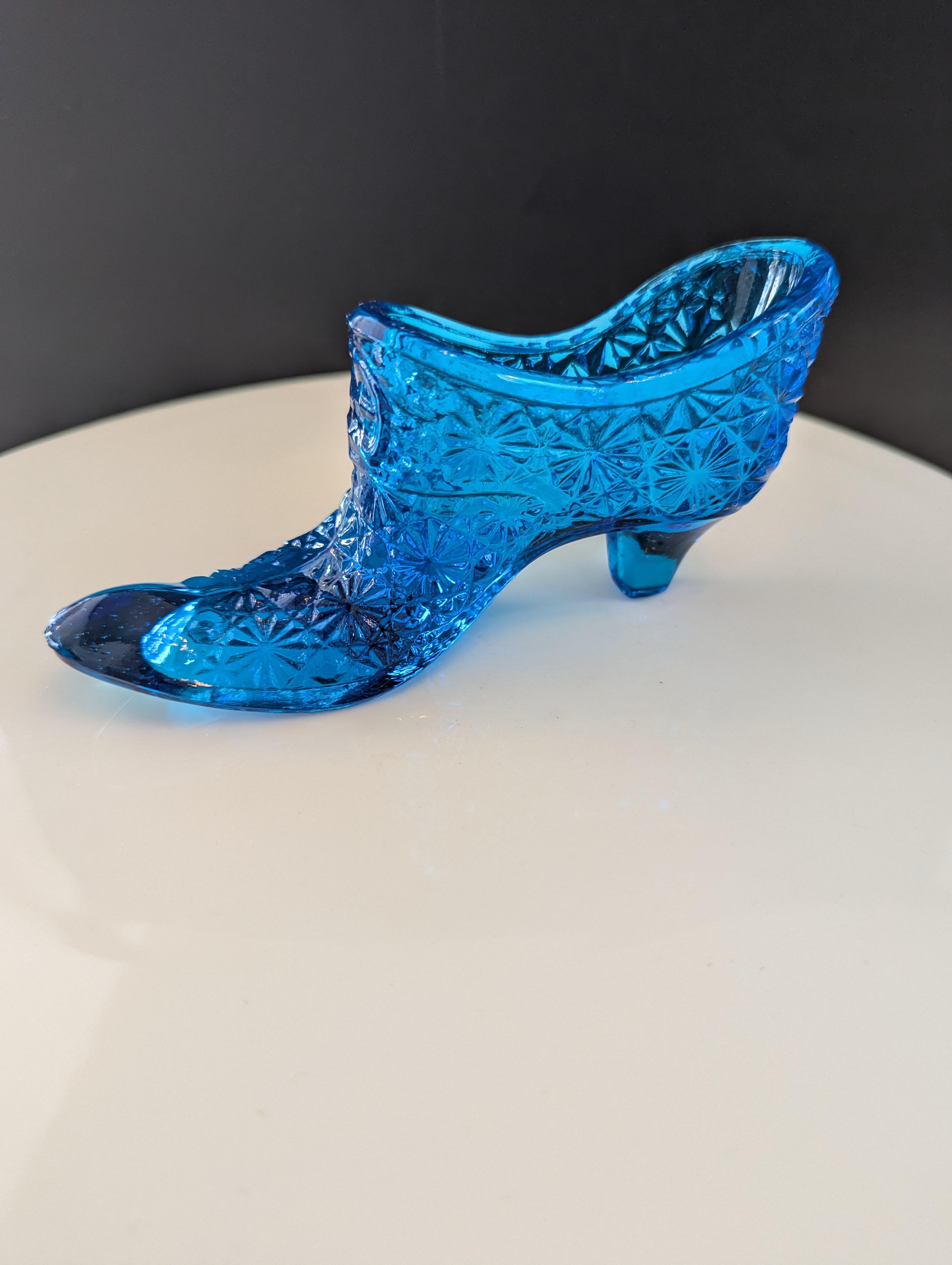 Fenton Vintage Blue Glass Shoe Figurine, Intricate Pattern