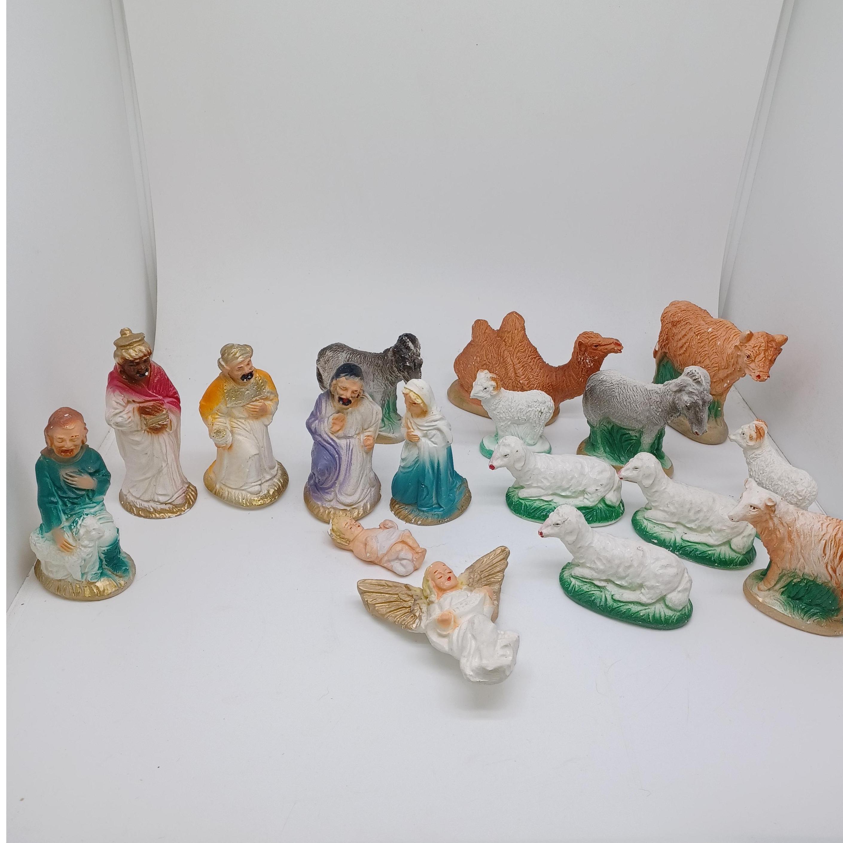 Vintage Chalkware Nativity Set 16 Figures Mid Century Creche Christmas
