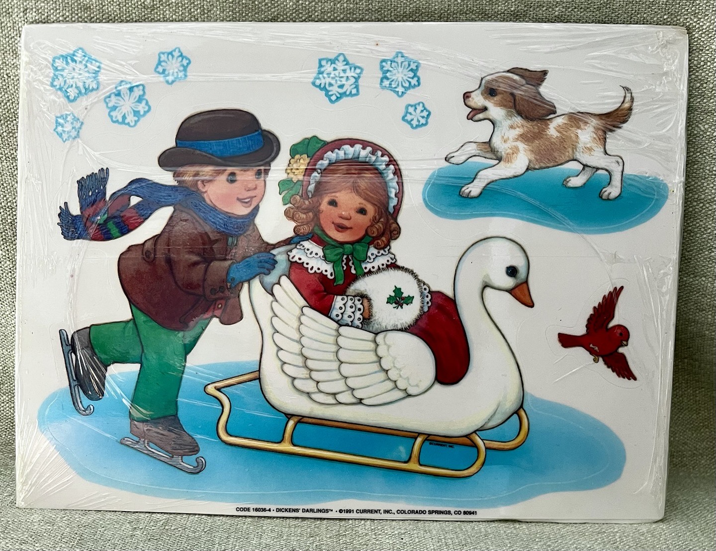 1991 Window Cling Dickens Darlings Ice Skating Swan Sleigh Dog NOS ...
