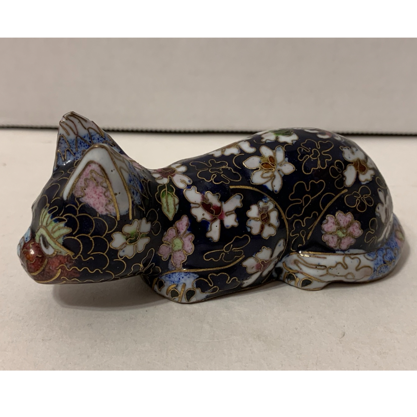 VTG Chinese Cloisonné Crouching Cat Figurine