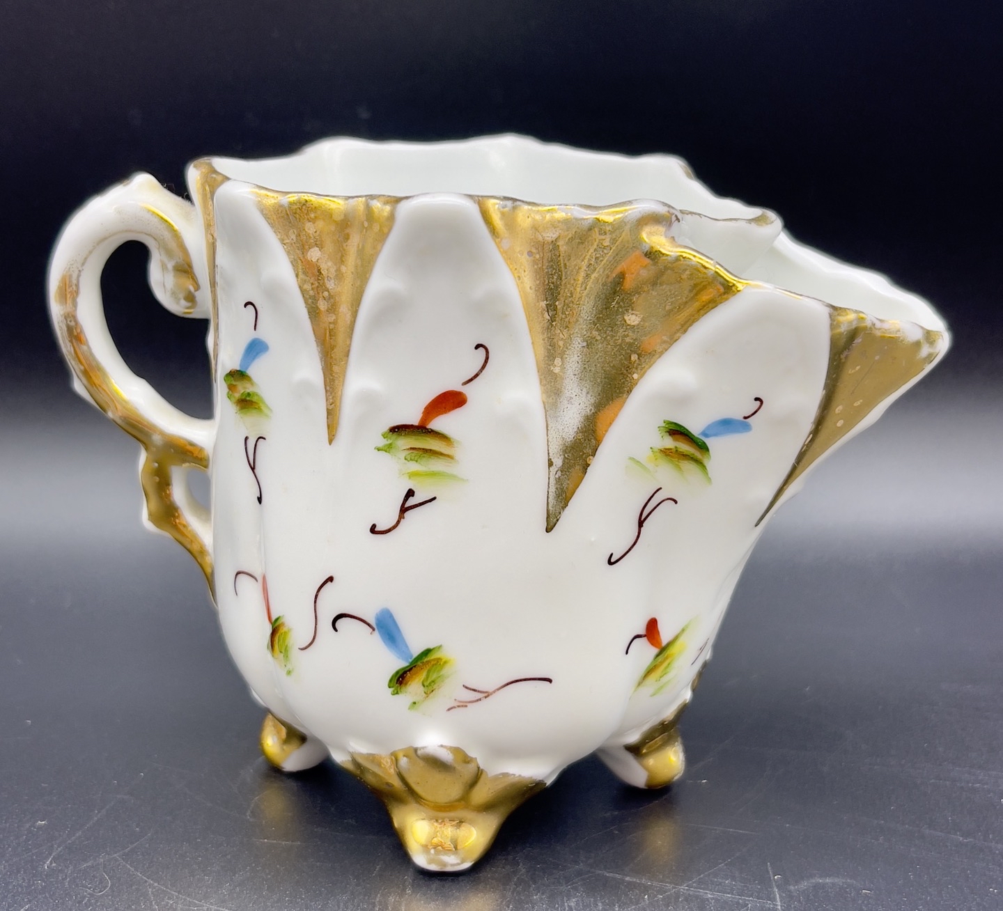 Antique German porcelain footed shaving scuttle. Hand-painted floral ...