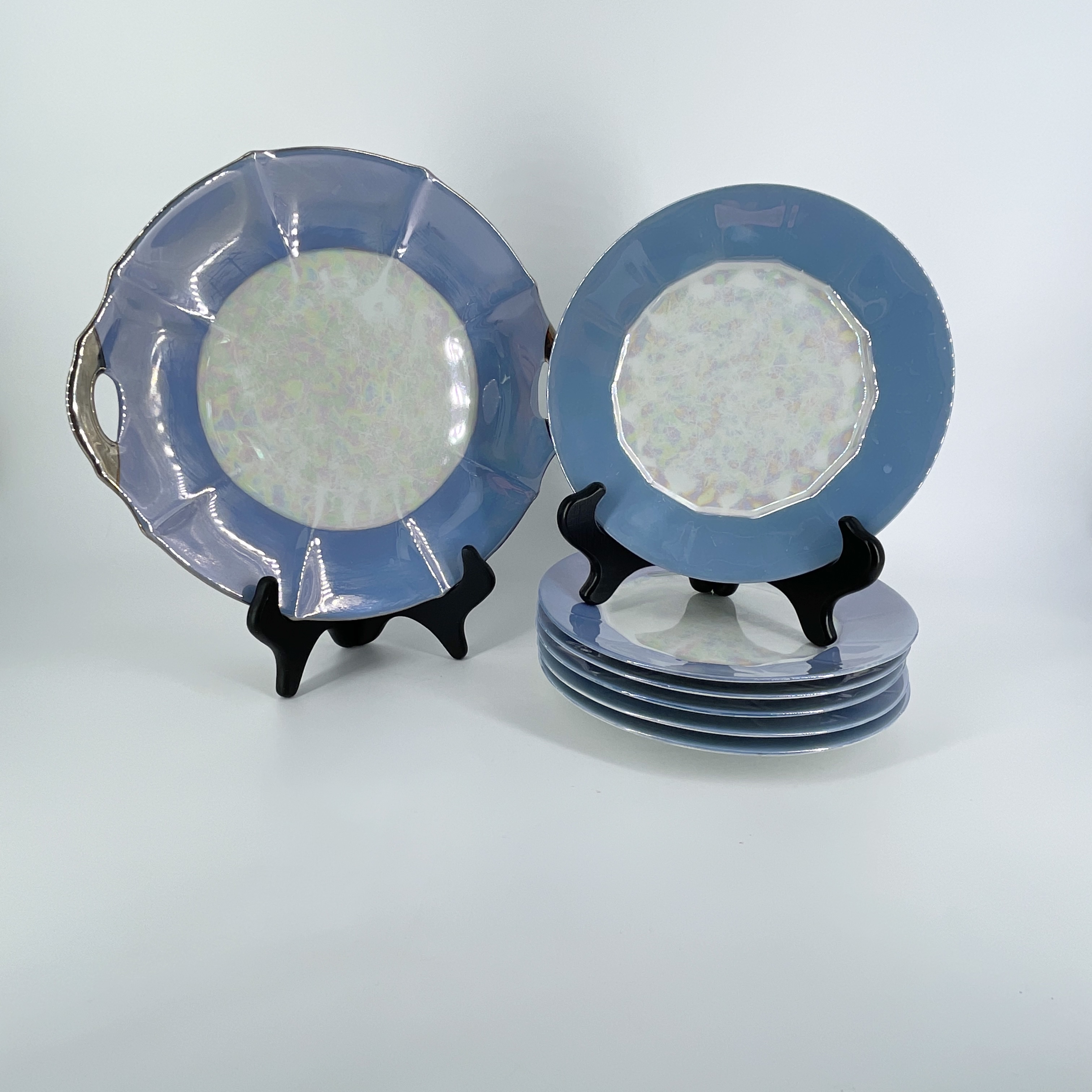 Vtg D&B Germany Blue Lusterware 10" Serving Platter With 6 Salad Plates