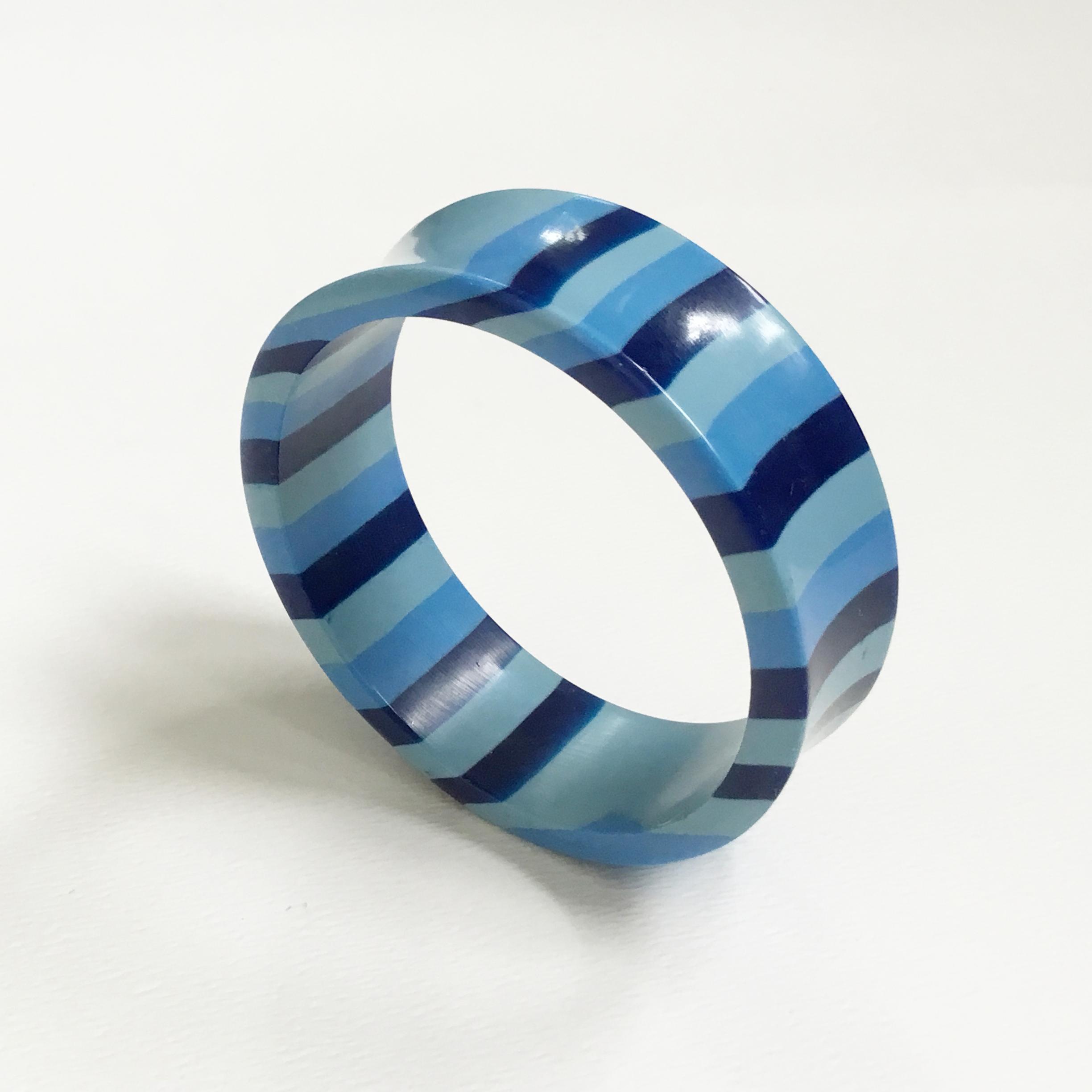 Vintage Sobral Style Three Tone Blue Layered Striped Lucite Curved Bangle