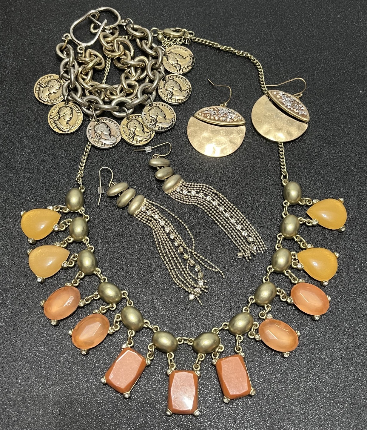 Jewelry Lot Orange Gold Tone Bid Necklace 2 Dangle Earrings Faux Coin ...