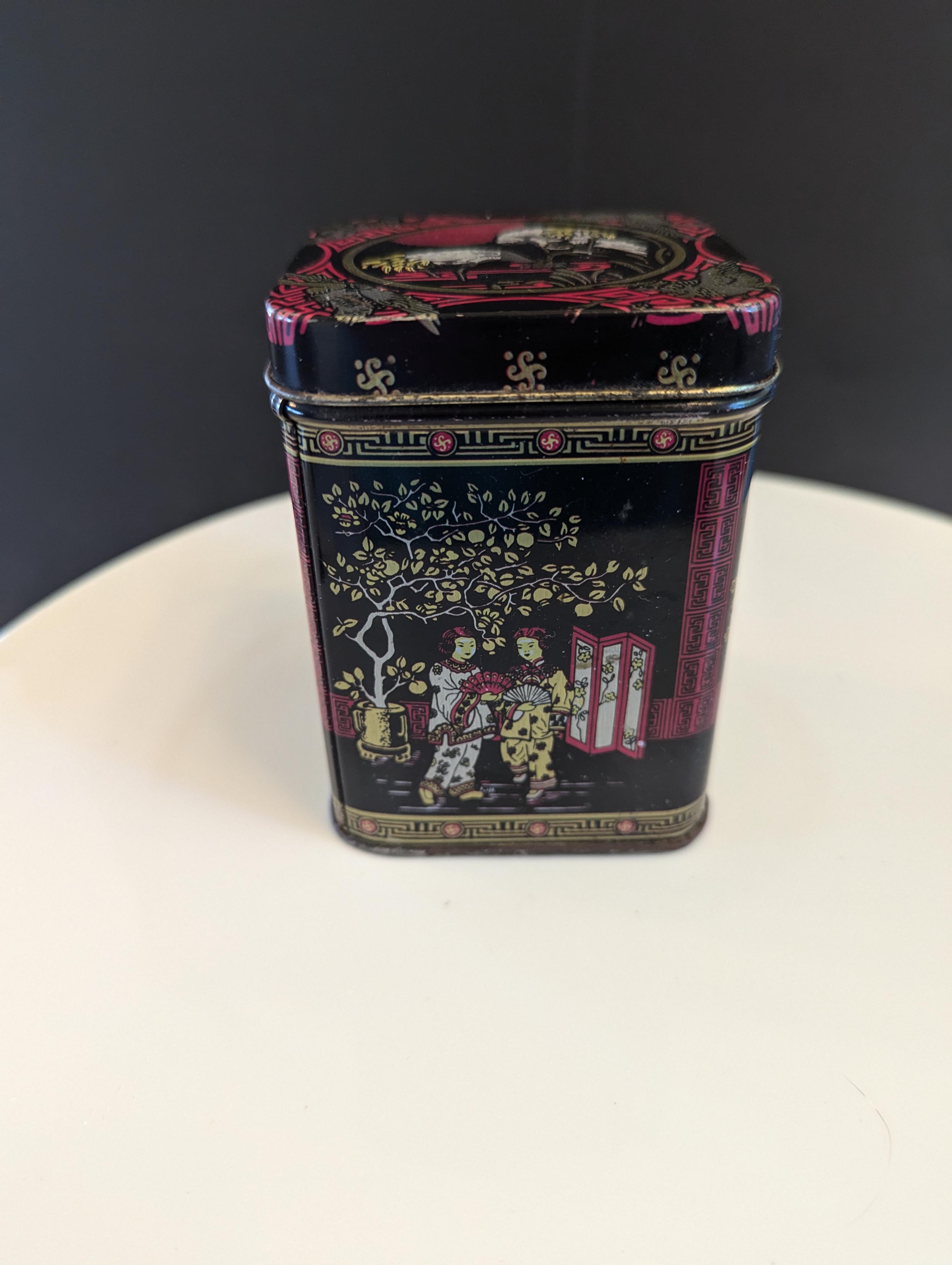 Vintage Asian-Inspired Metal Tea Tin, Decorative Storage Container
