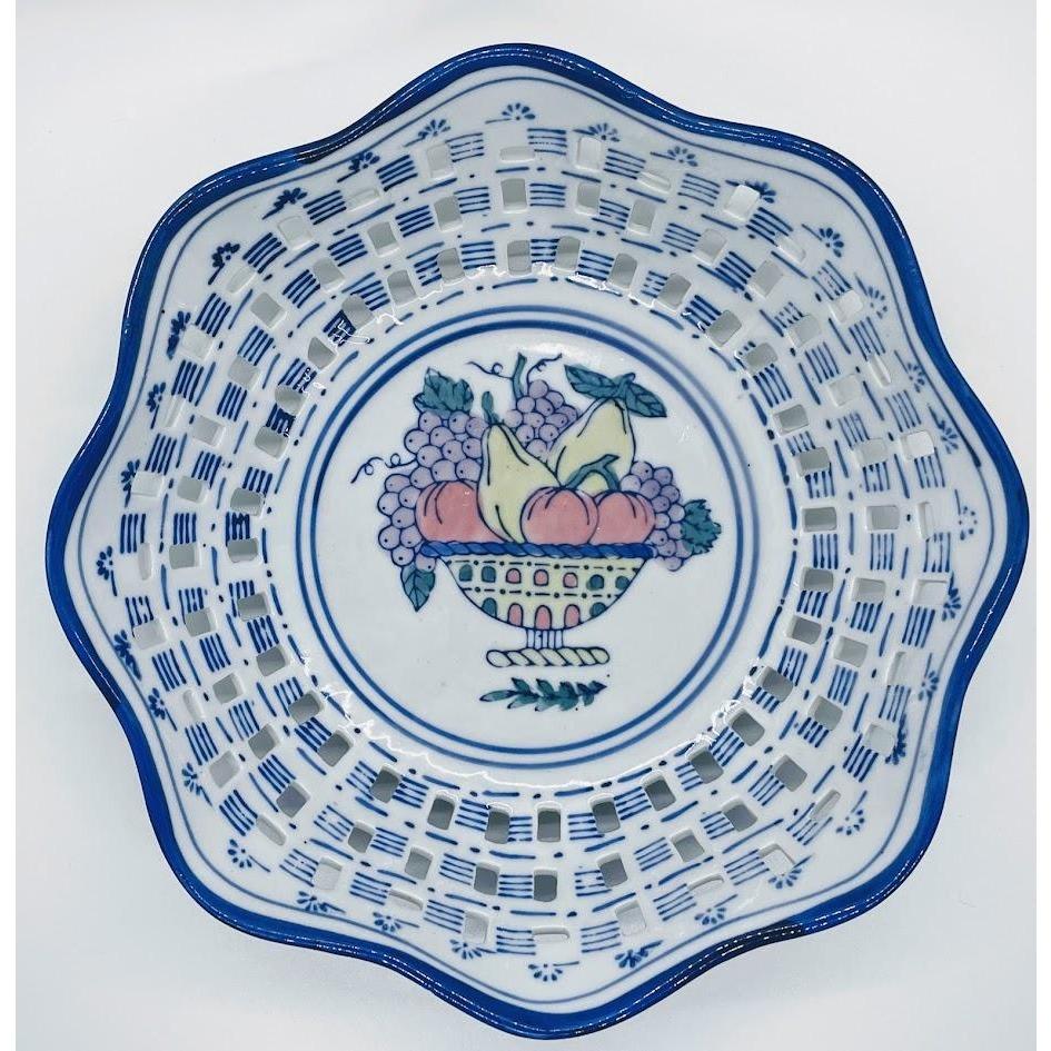Vintage Hand-Painted Lattice Pierced Blue & White Fruit Porcelain ...