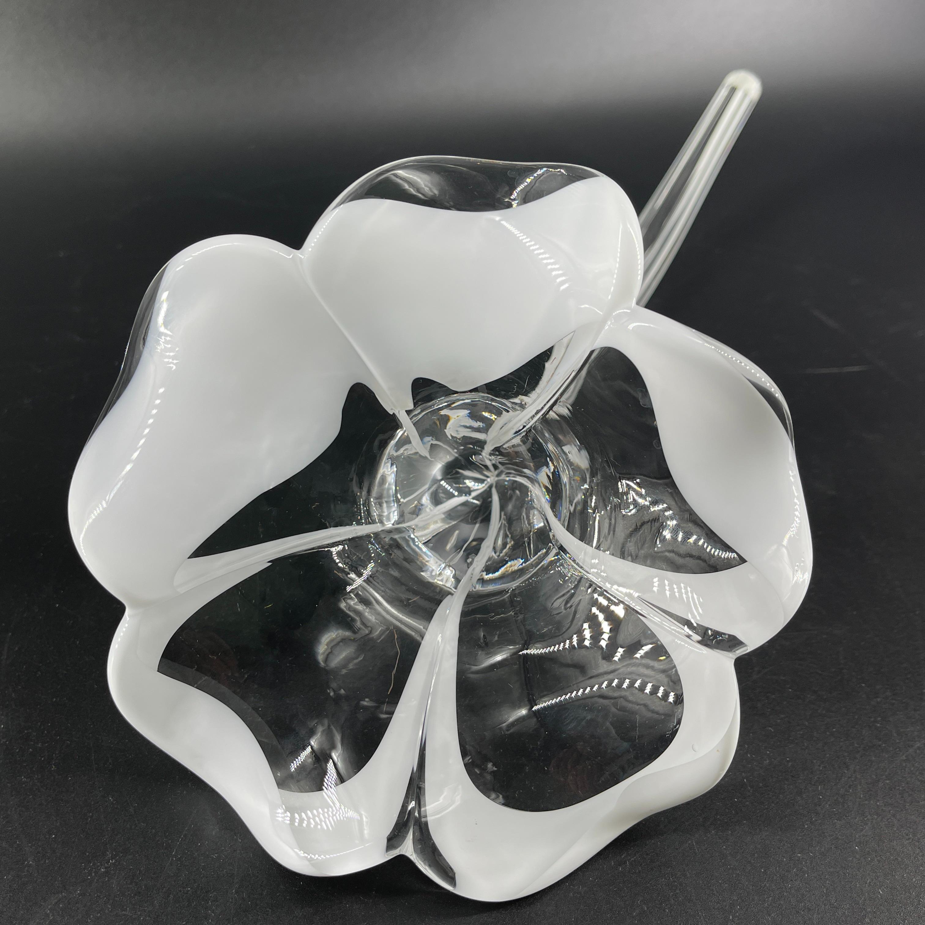 015 Large HEAVY Blown Art Glass Flower Long Stemmed White Open Petals