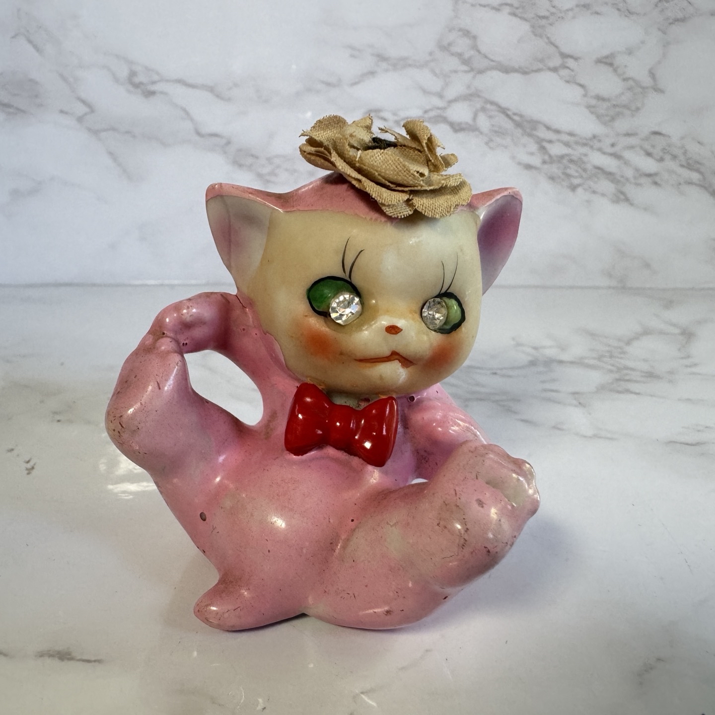 Vintage Pink Cat Figurine with Flower on Head, Rhinestone Eyes, Bow Tie
