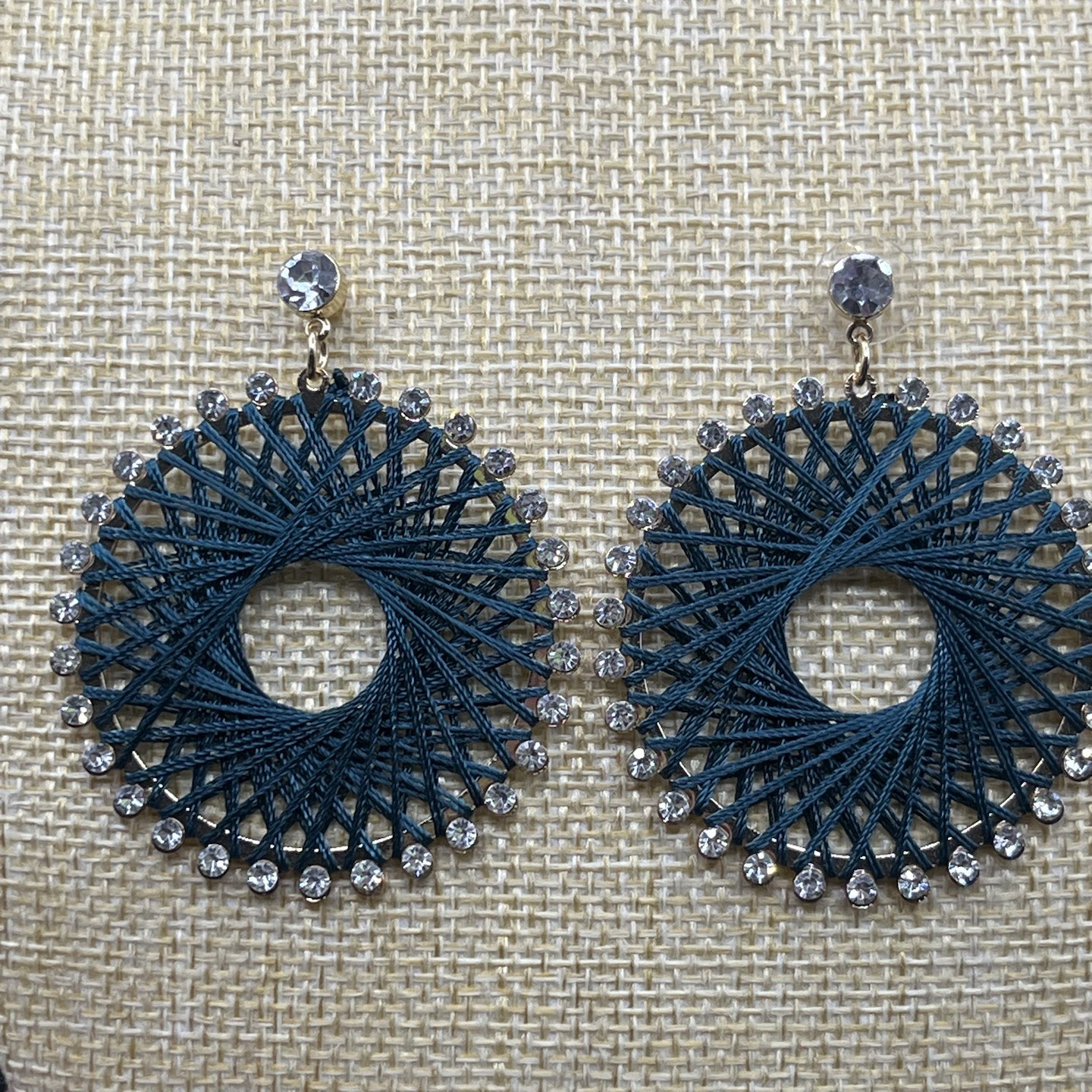 Teal Blue String Art And Rhinestone Disc Earrings