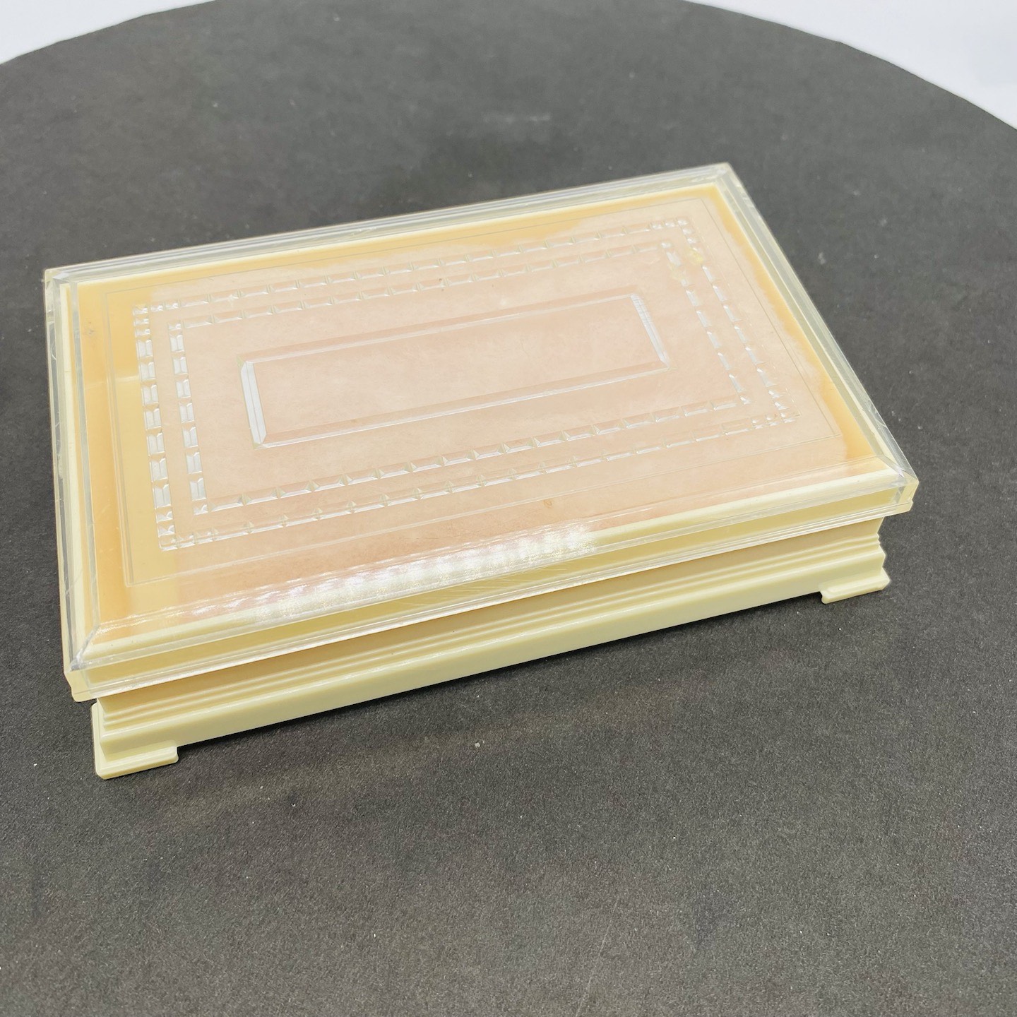 Antique Celluloid Plastic Jewely Trinket Box - Clear Lid and Pink Fluff ...