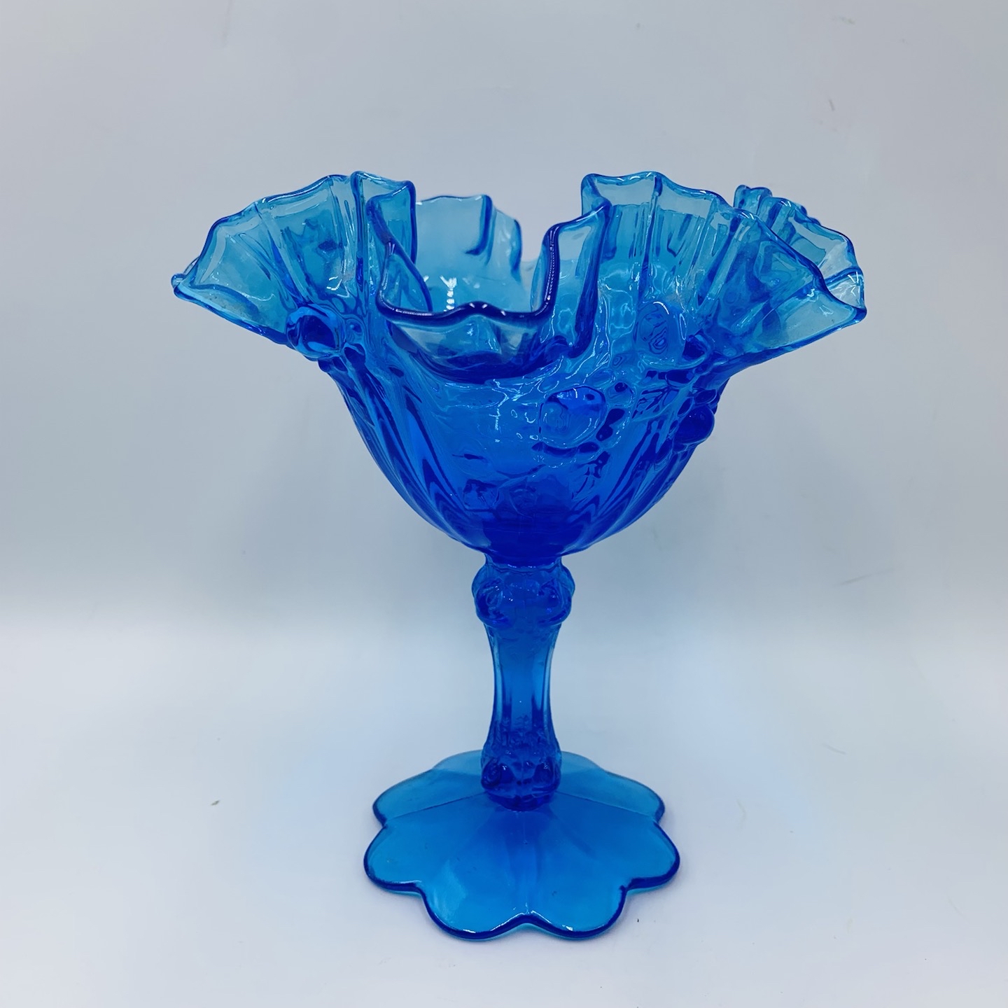 Fenton Colonial Blue Cabbage Rose Ruffle Compote
