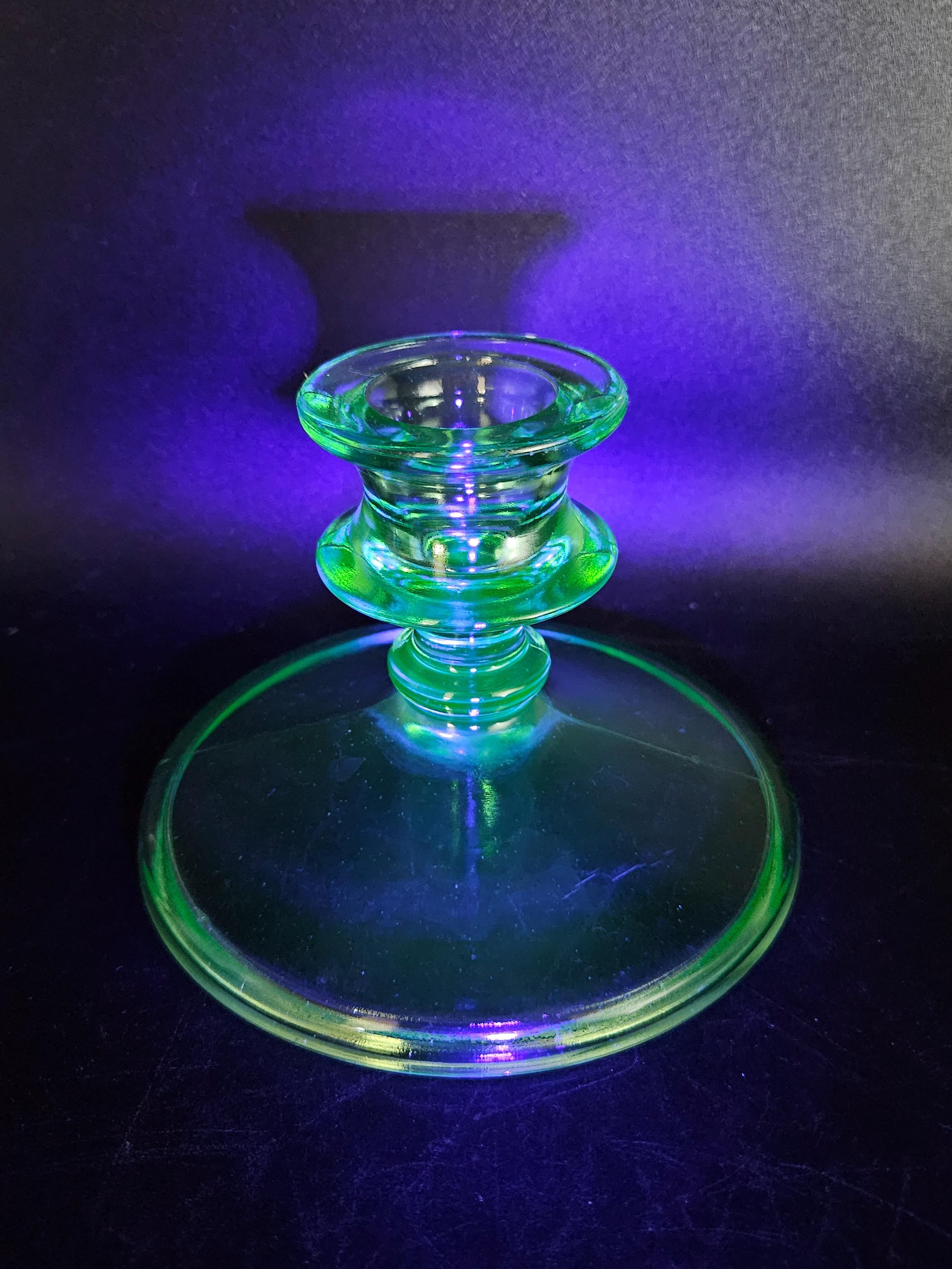 Vintage Vaseline Glass Candlestick Holder Green Glow Glass