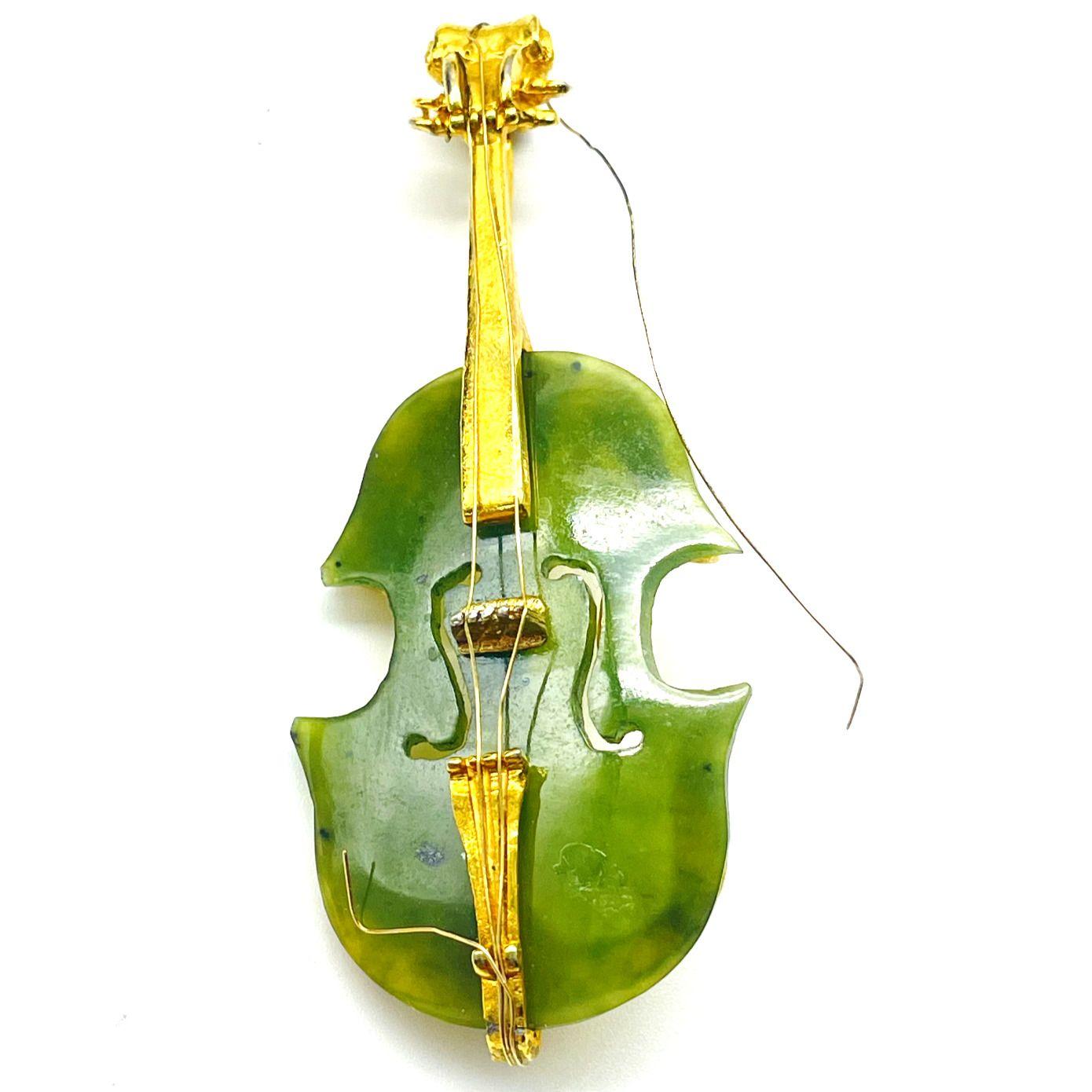 Green Cello Brooch with Gold Tone Accents 14099