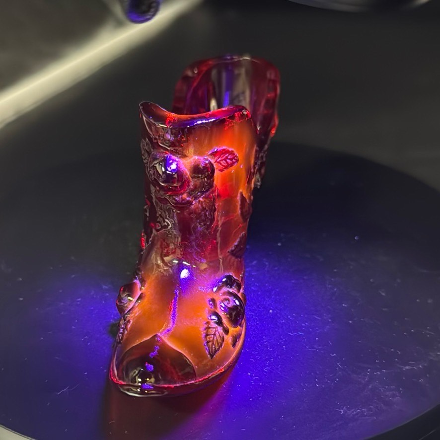 Vintage Fenton Ruby Red Glass Cabbage Rose Glass Slipper Shoe Glows