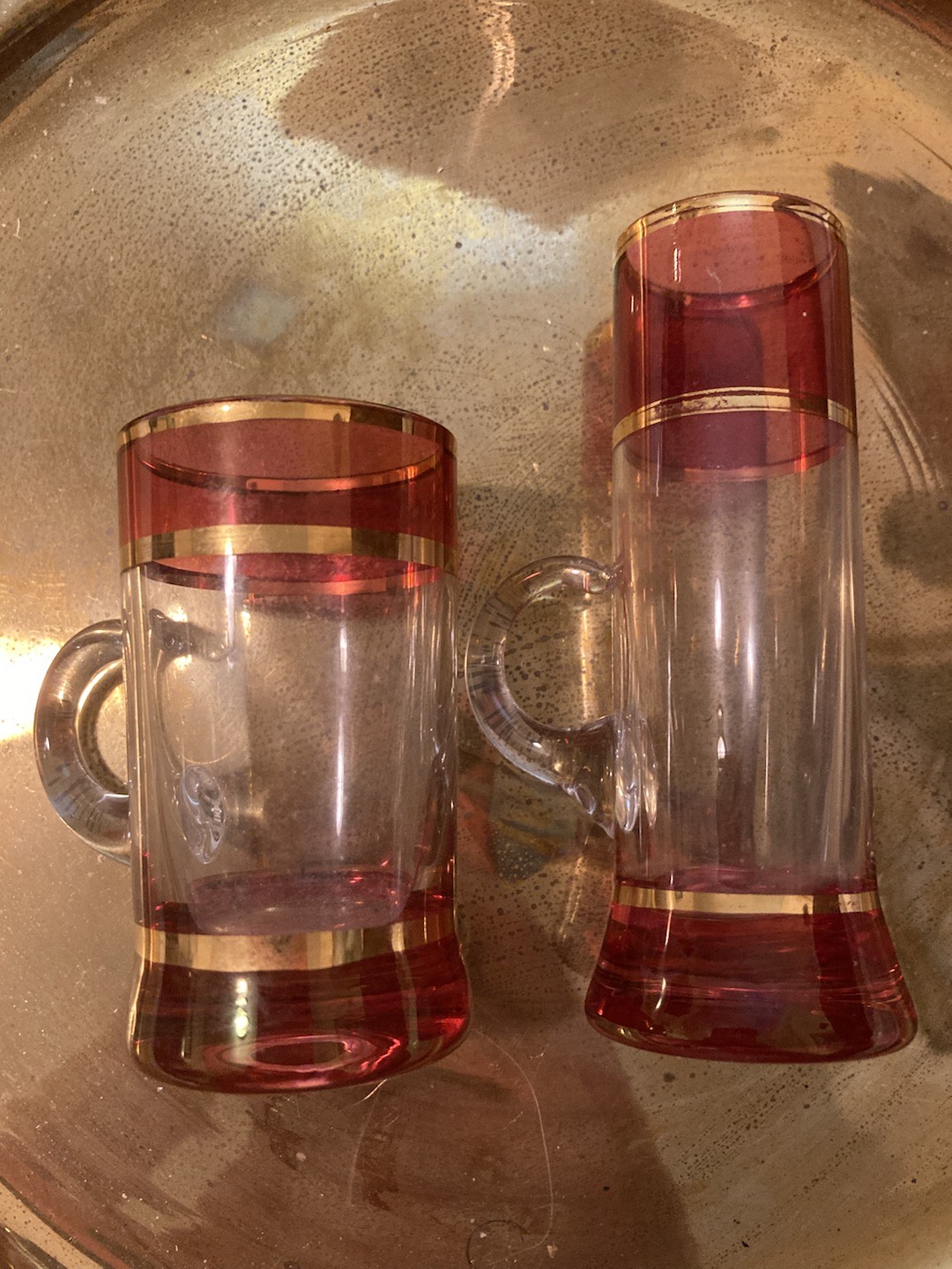 Set (2) Antique Shot Glasses - 22k Gold Trim - Pink & Clear Glass