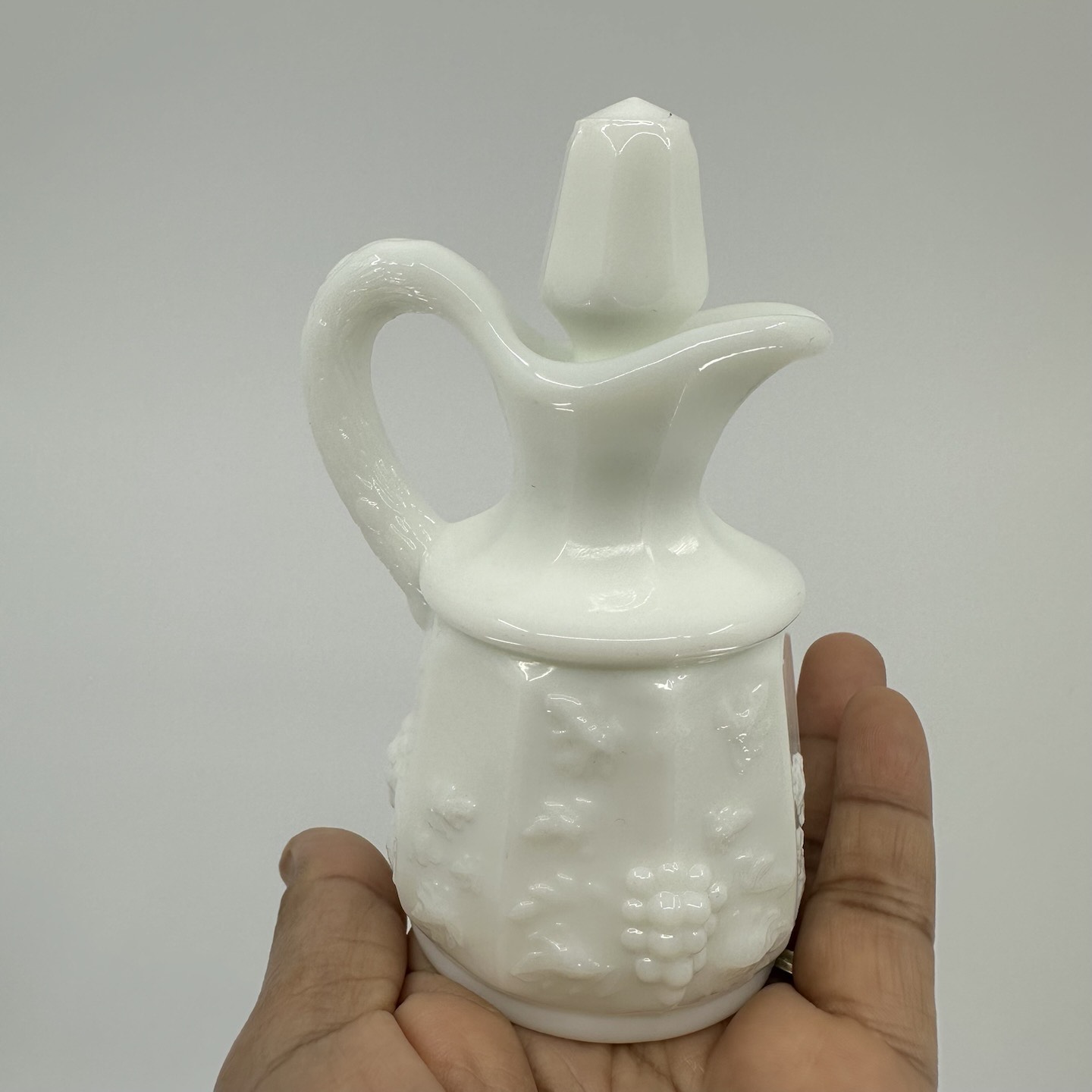 Westmoreland White Milk Glass Cruet with Stopper Paneled Grape Pattern