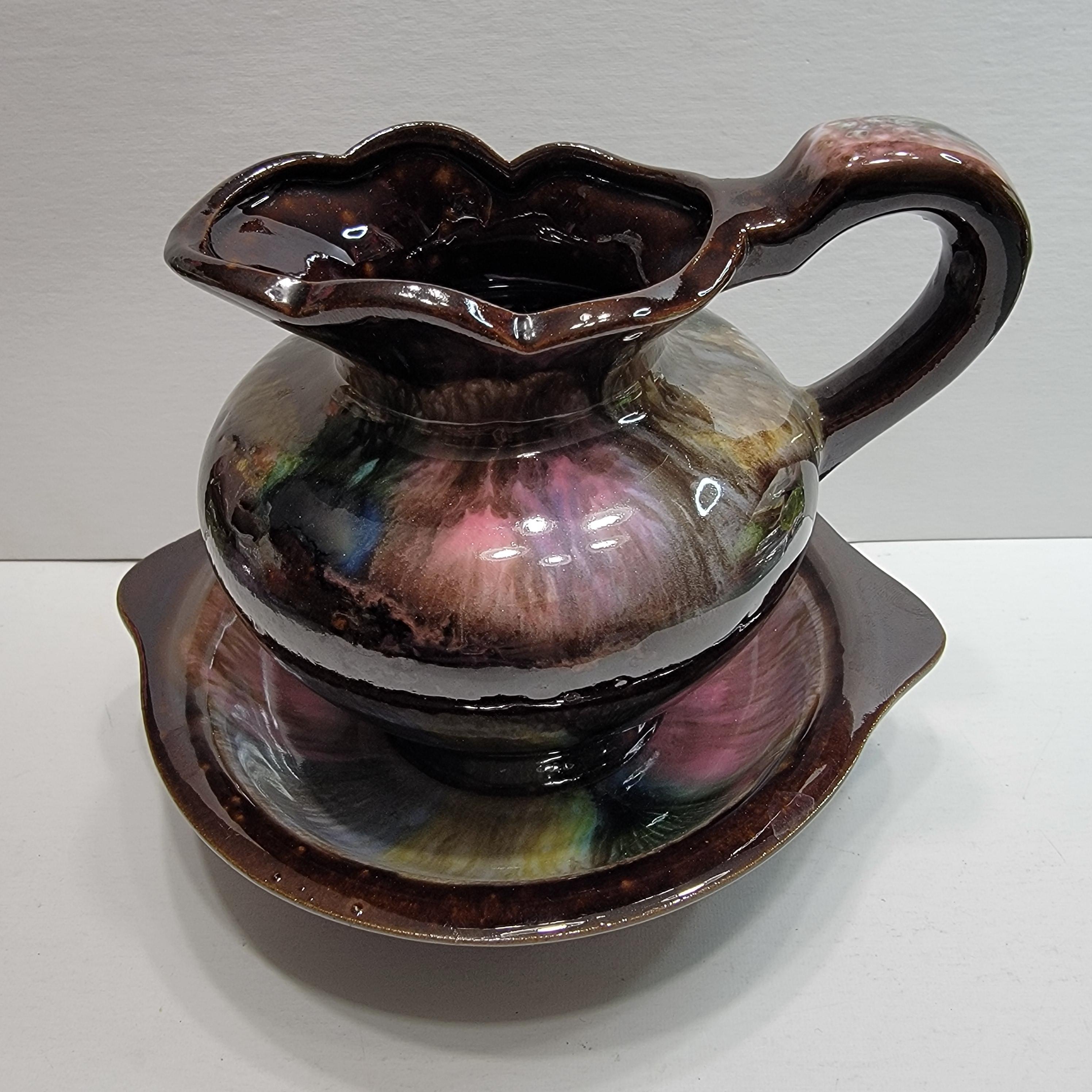 Vintage Drip Glaze Pottery Pitcher and Basin Set