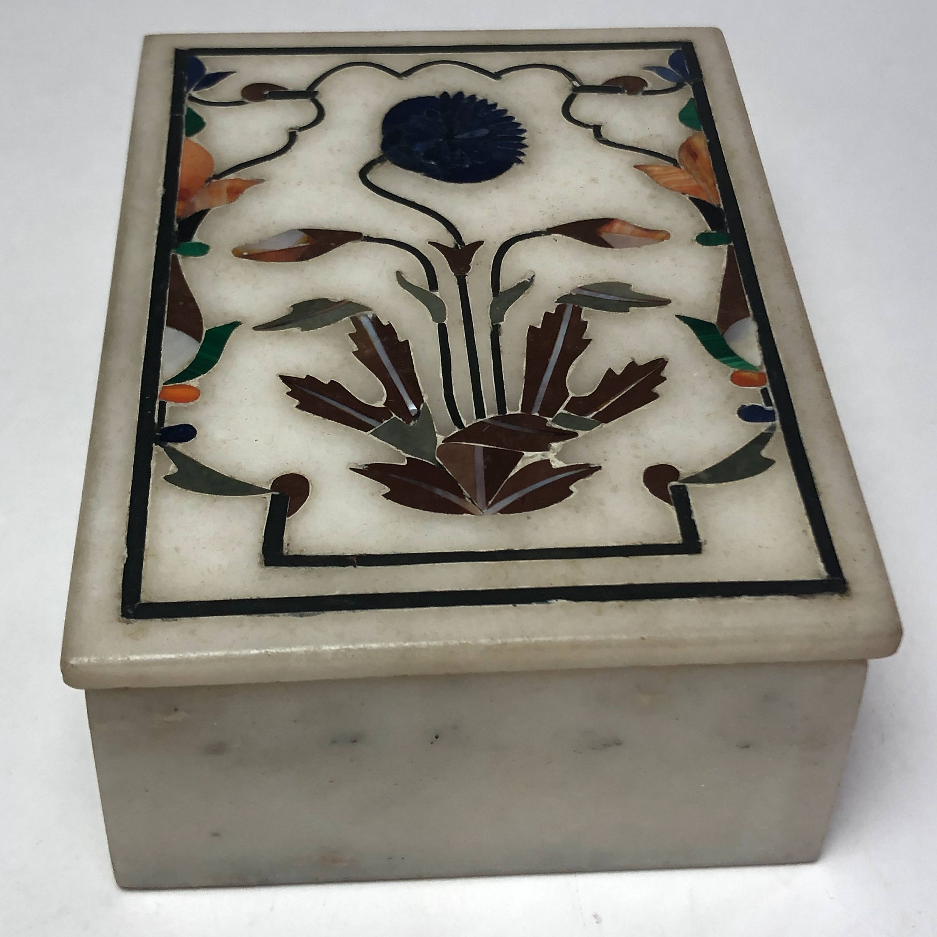 Vintage Handcrafted Marble Inlay Trinket Box Pietra Dura Parchin Kari ...