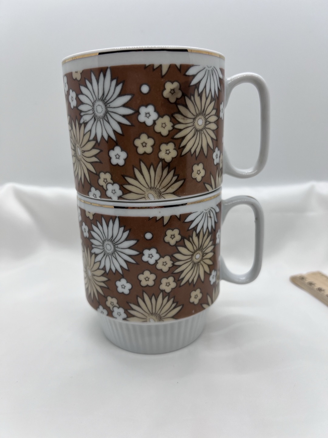 #1046B Vintage Retro Stacking Ceramic Mugs with Sunflowers- Made in ...