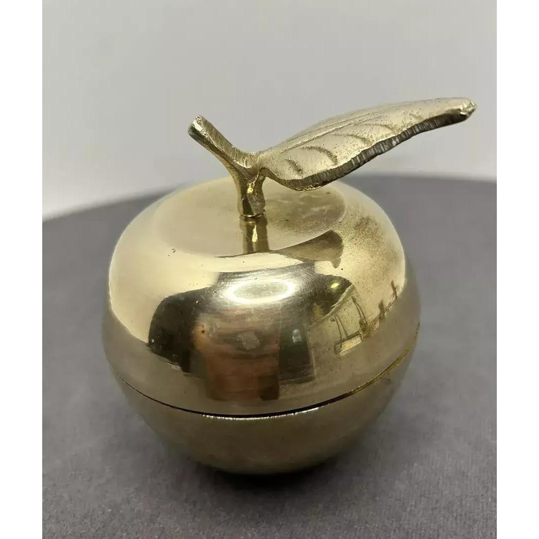 Vintage Solid Brass Apple Trinket Box Keepsake Leaf Handle Natural Patina