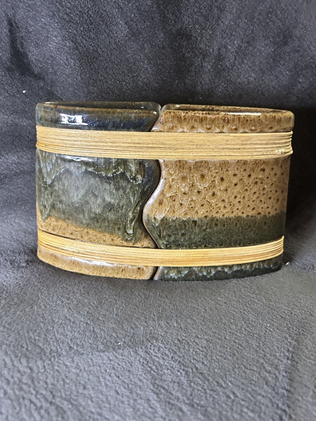 MCM Double Wedge Pottery Art Glazed Vase Wrapped With Bamboo