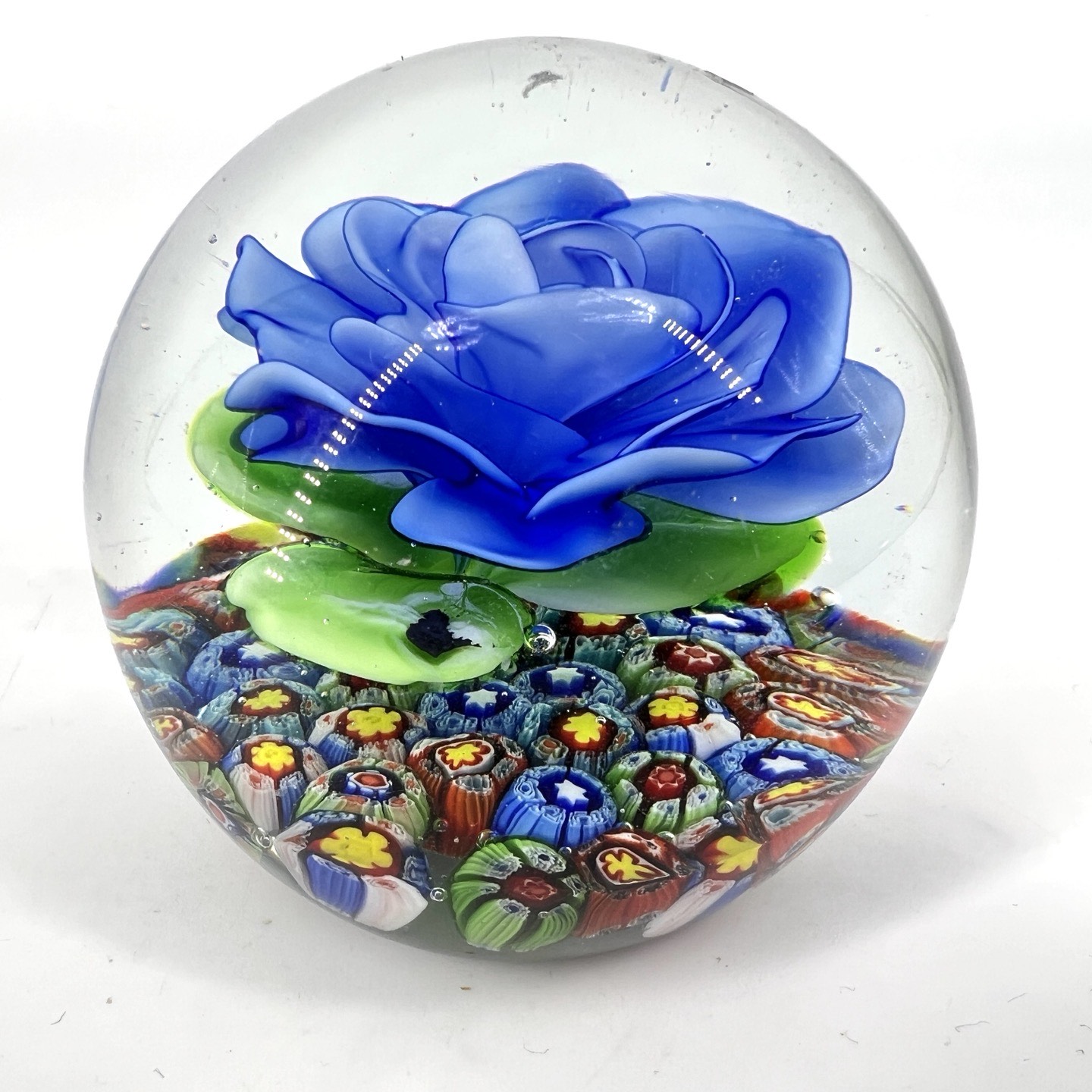 Unique Blue Flower On Field Of Millefiori Chinese Art Glass Paperweight