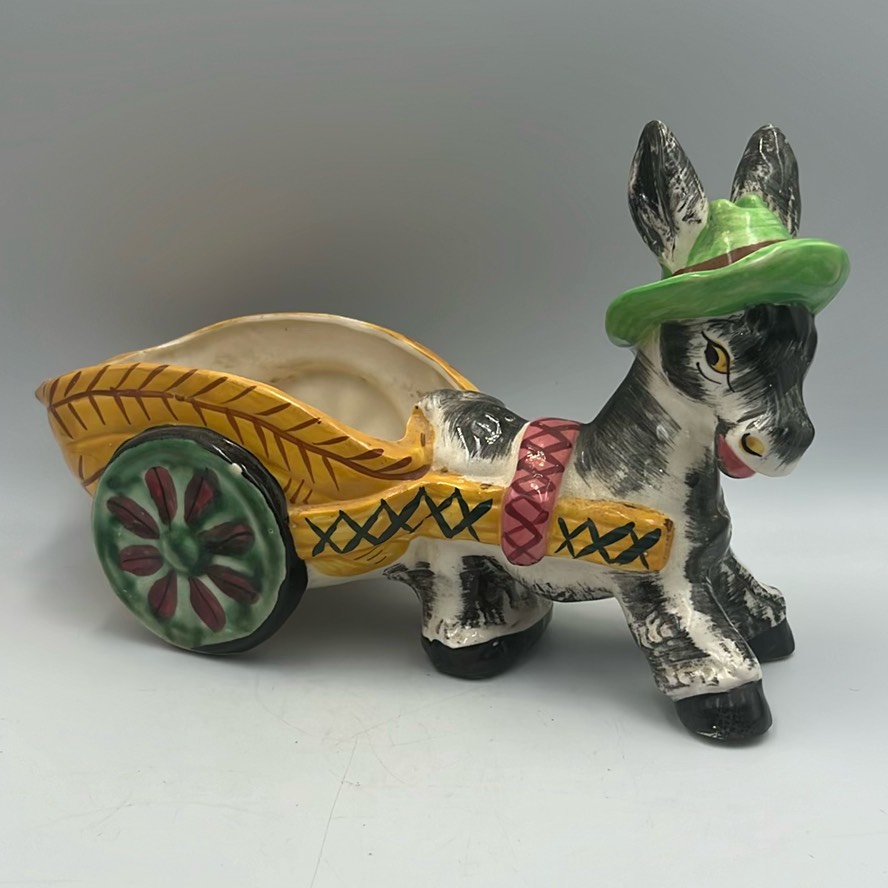 09 Vtg Large Italian Donkey Pulling Cart Planter 12”