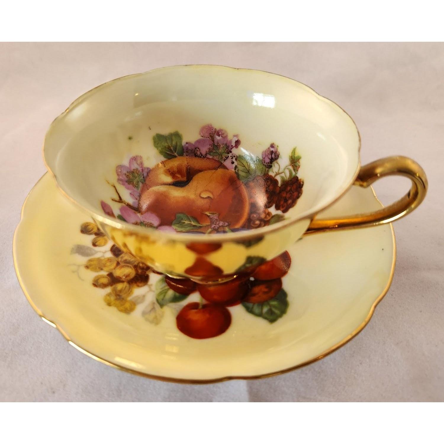 Fancy Saji Tea Cup and Saucer Many Fruit Pattern Peach Cherry Pear ...