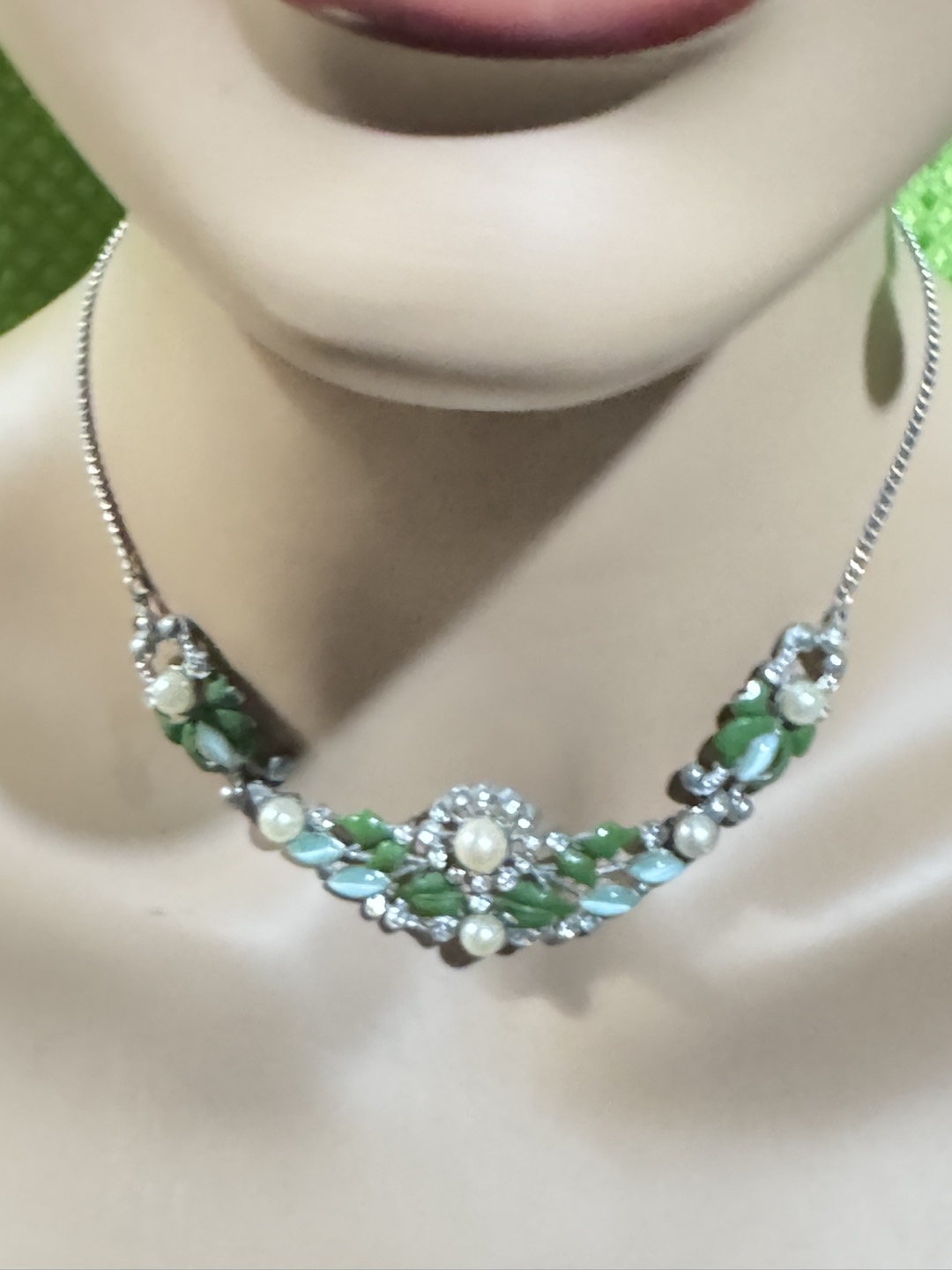 Antique Pot Metal, Faux Pearls, Rhinestones, & Enamel Necklace