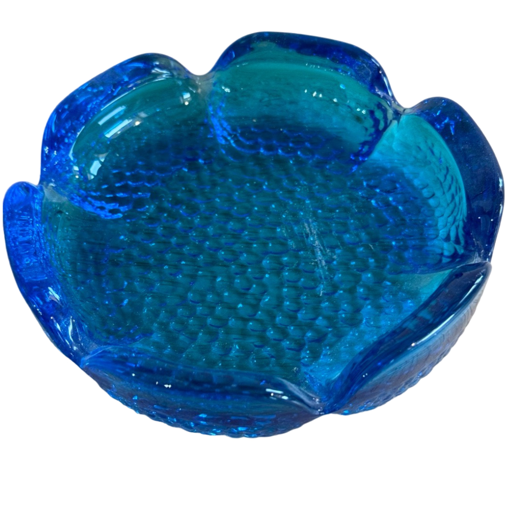1960s Vintage BLENKO Blue Glass Lotus Blossom Flower ASHTRAY
