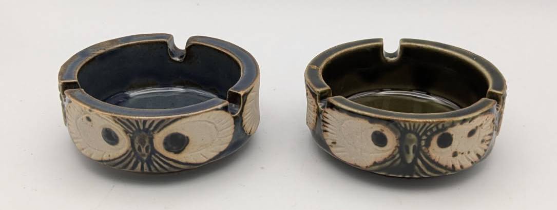 Vintage Pottery Glazed Owl Ashtrays- Set of 2