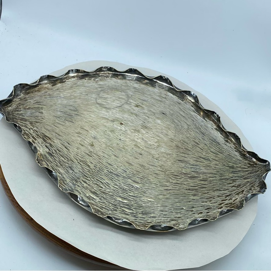 large textured hallmarked, silver plate, leaf shape metal platter