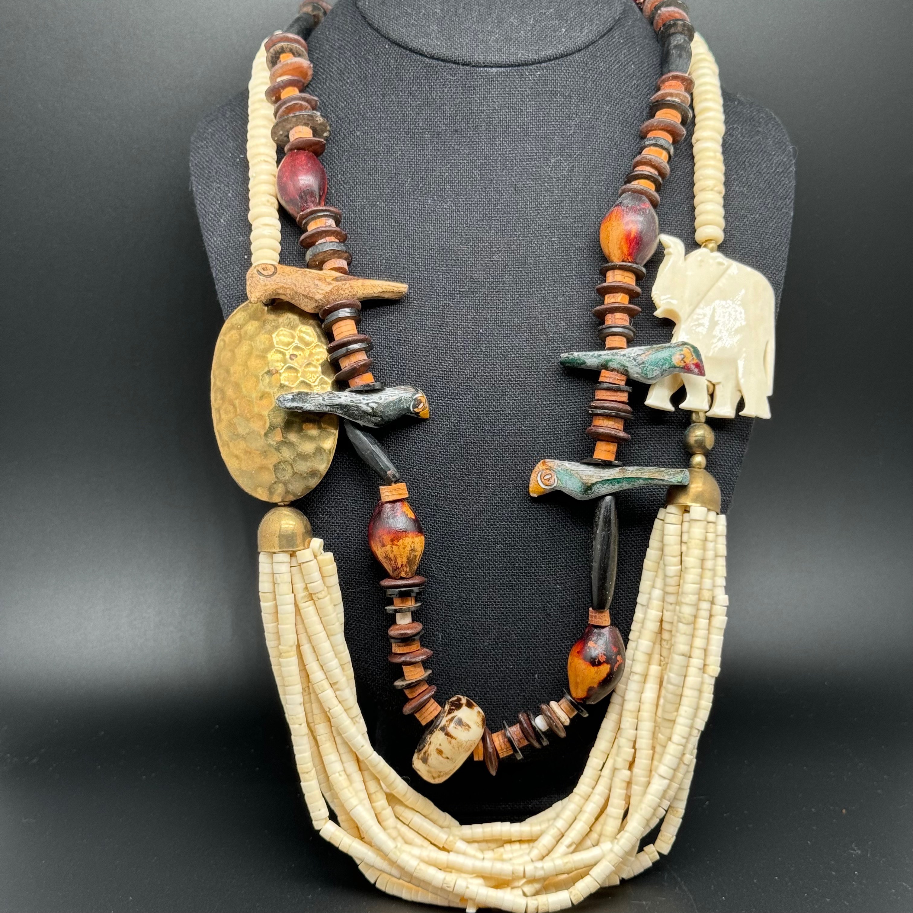 Necklace 28” Lg Seeds/Wooden Beads/Bird Effigies/Lg Central Acrylic Mottled Bead (Faux Ivory ...