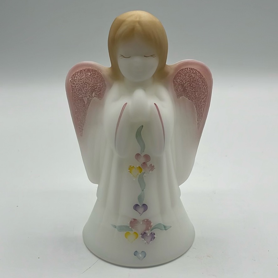 Satin Milk Glass Fenton Hand Painted Angel Hearts Frit Signed C. Riggs