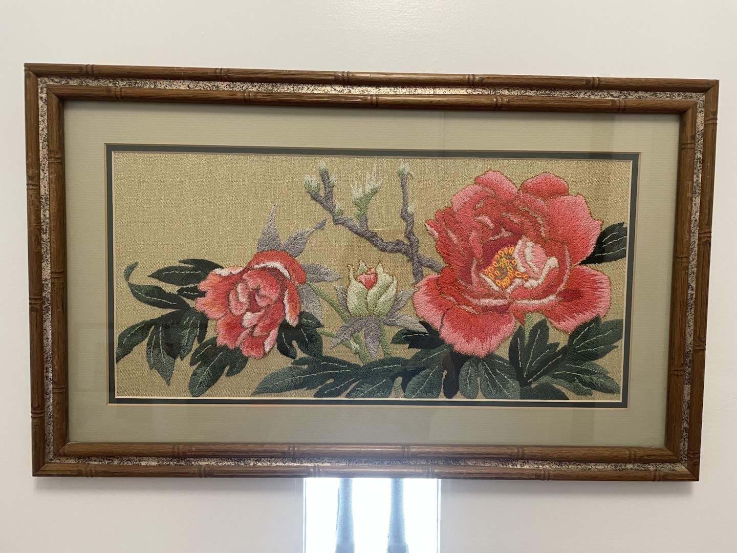 Vintage Japanese Bunka Embroidery Of Pink Green Flowers