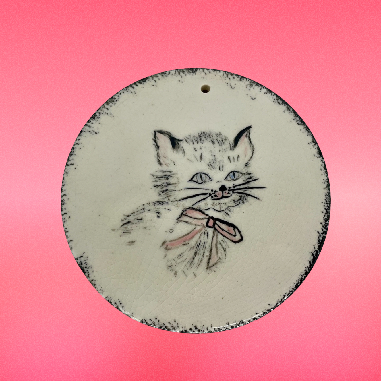 Vintage Ceramic Round Trivet Tile Kitten Handpainted Cat Wall Hanging ...