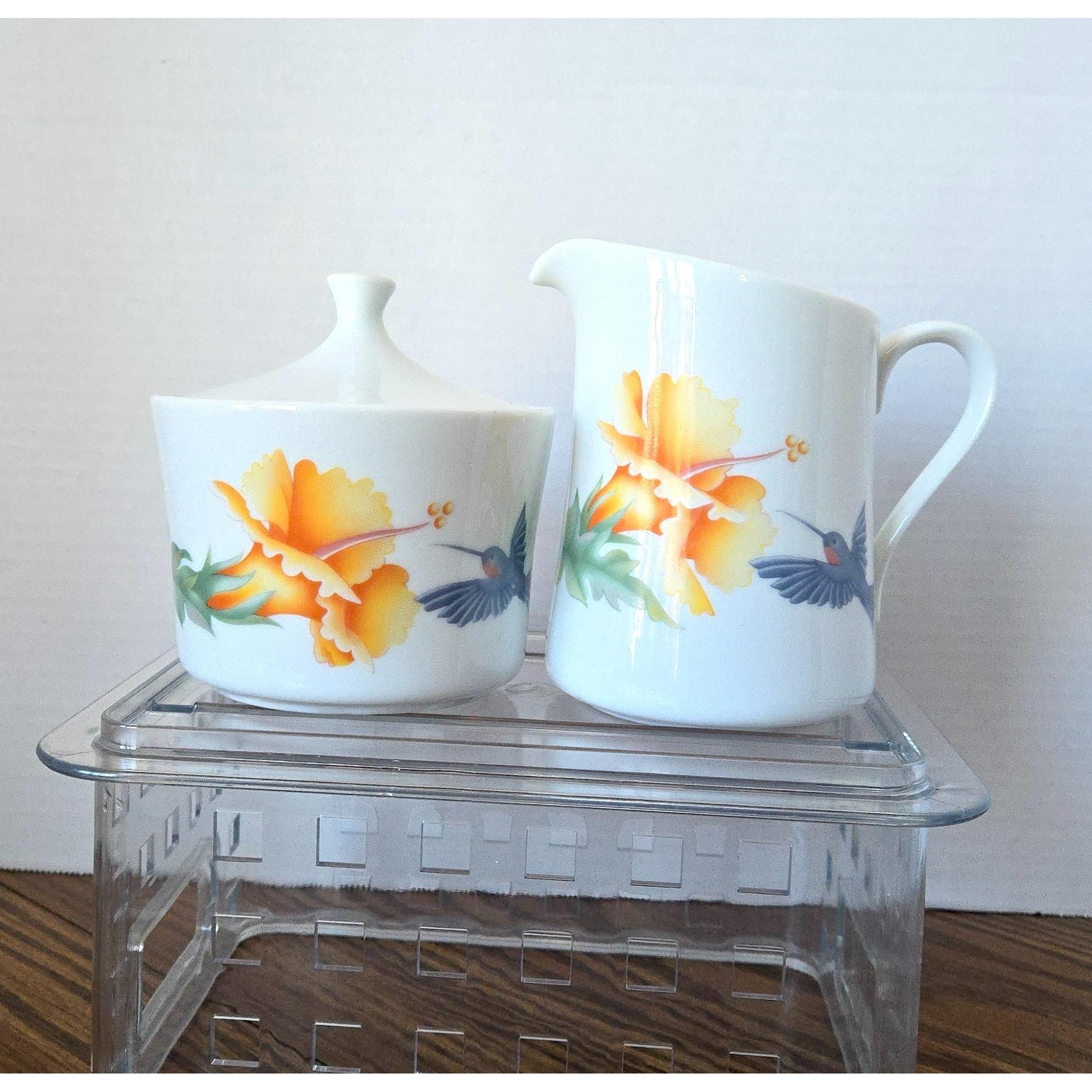 Corning Corelle Hummingbird Hibiscus: Sugar Bowl w/lid & Creamer Set