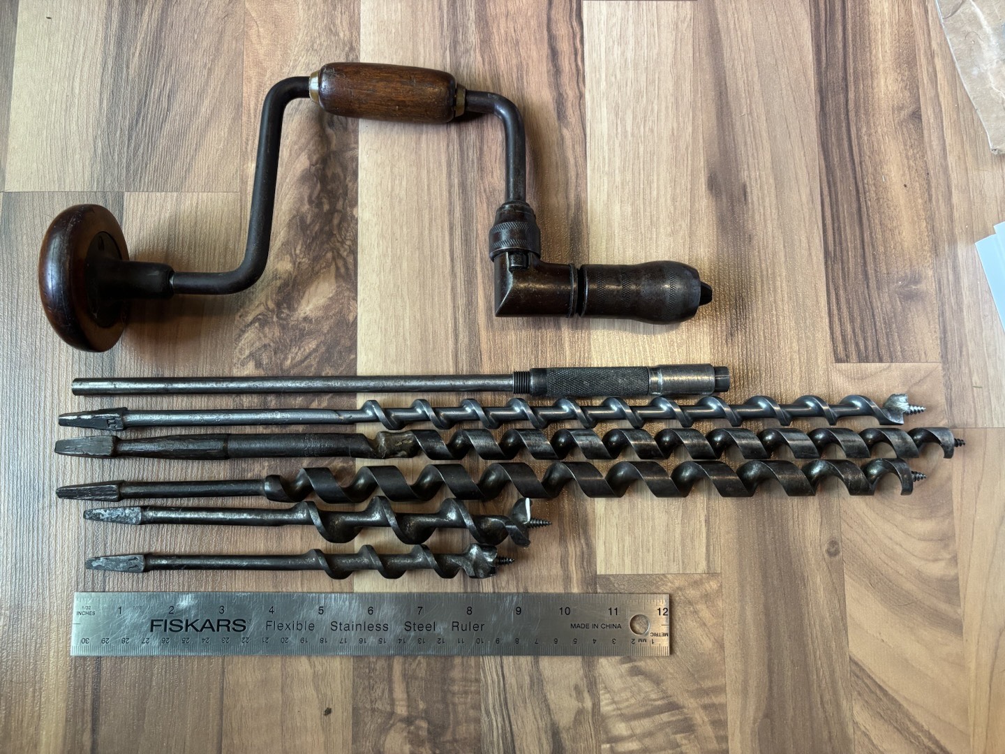 Antique Ratcheting 9” Bit Brace With Extension And Bits