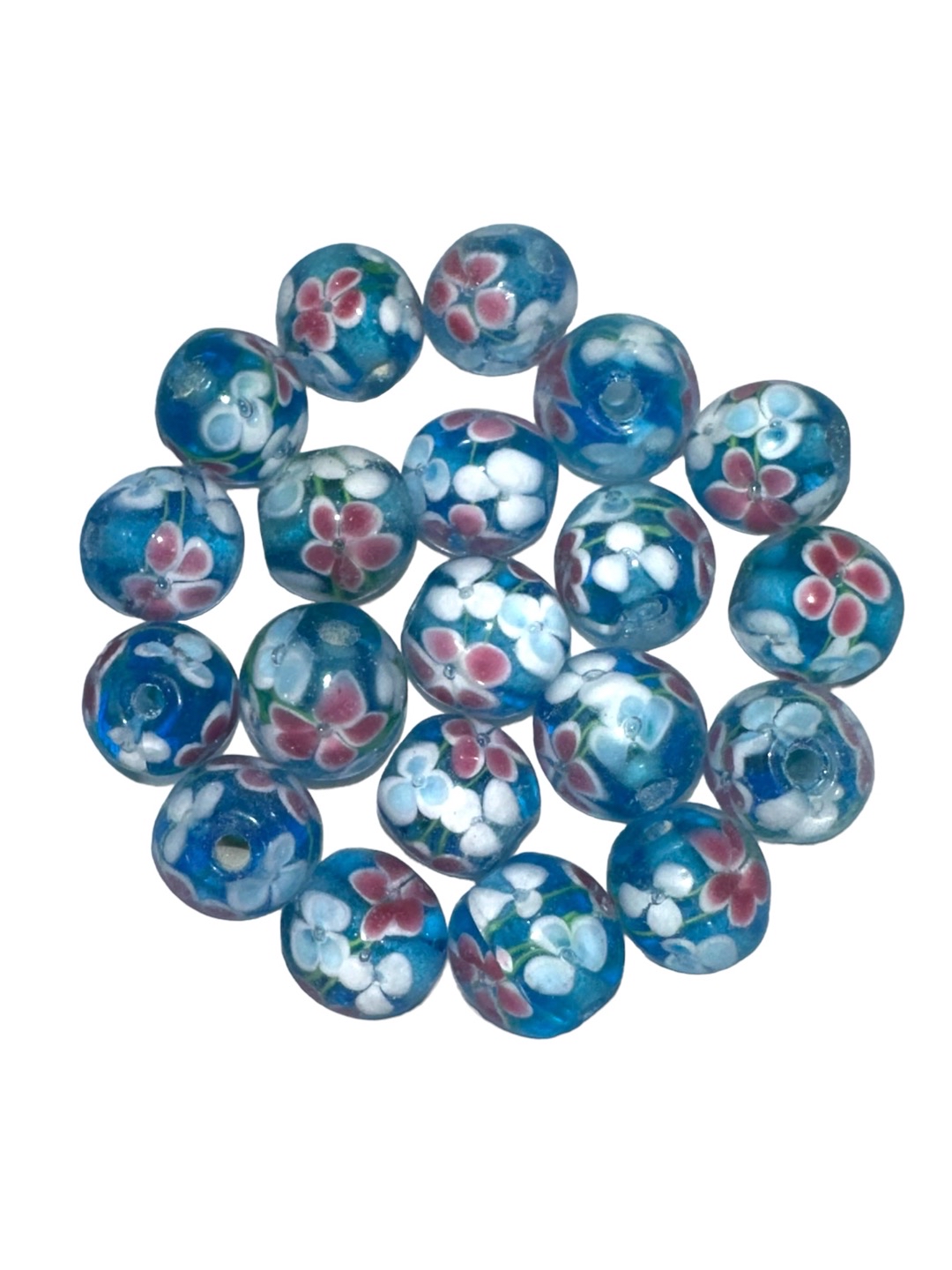 Vintage Lampwork Handmade Round Beads - Lot Of 20 - Cerulean Blue Base
