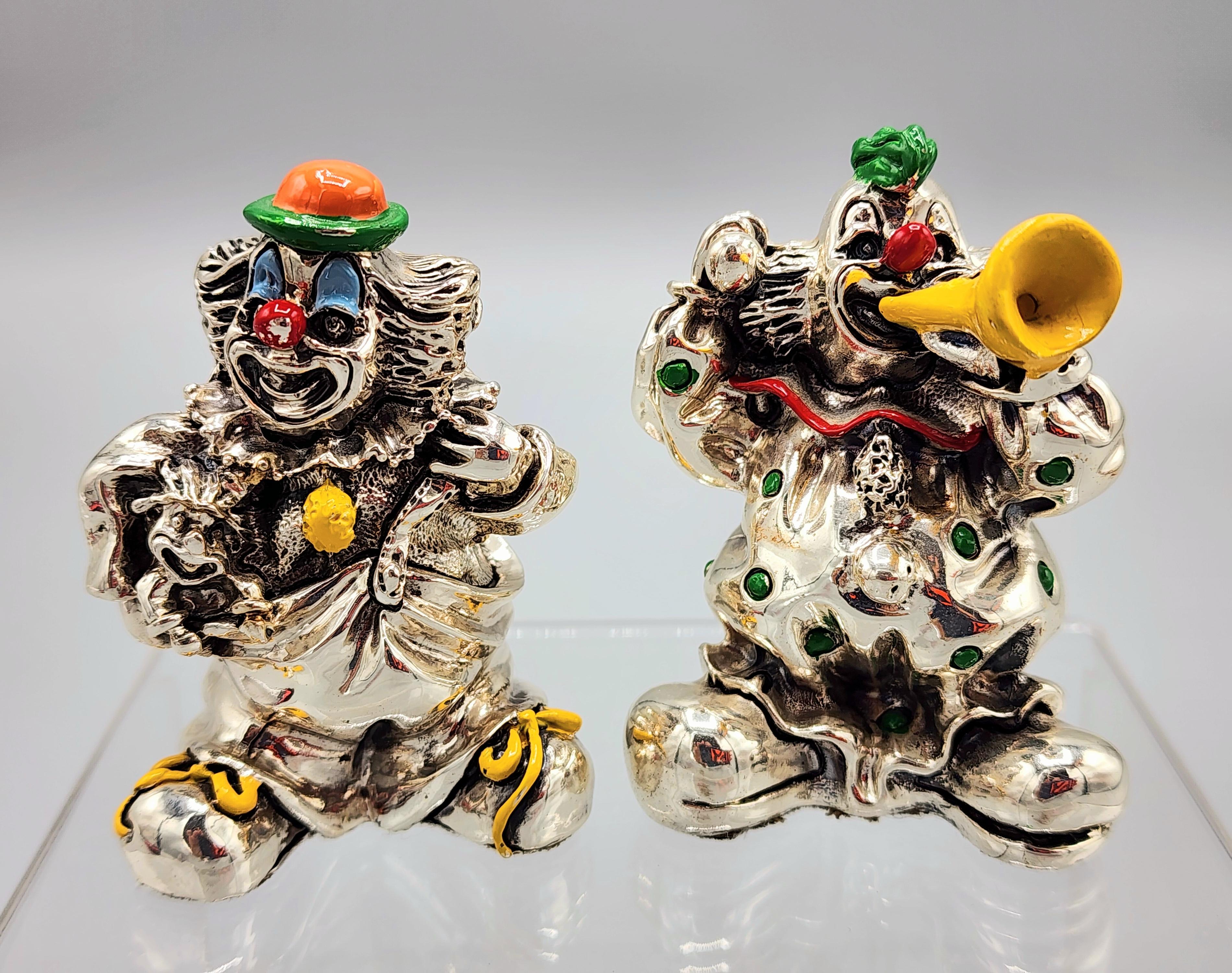 Italian Laminated Sterling Silver Clown Figurines Handpainted 2 1/2"